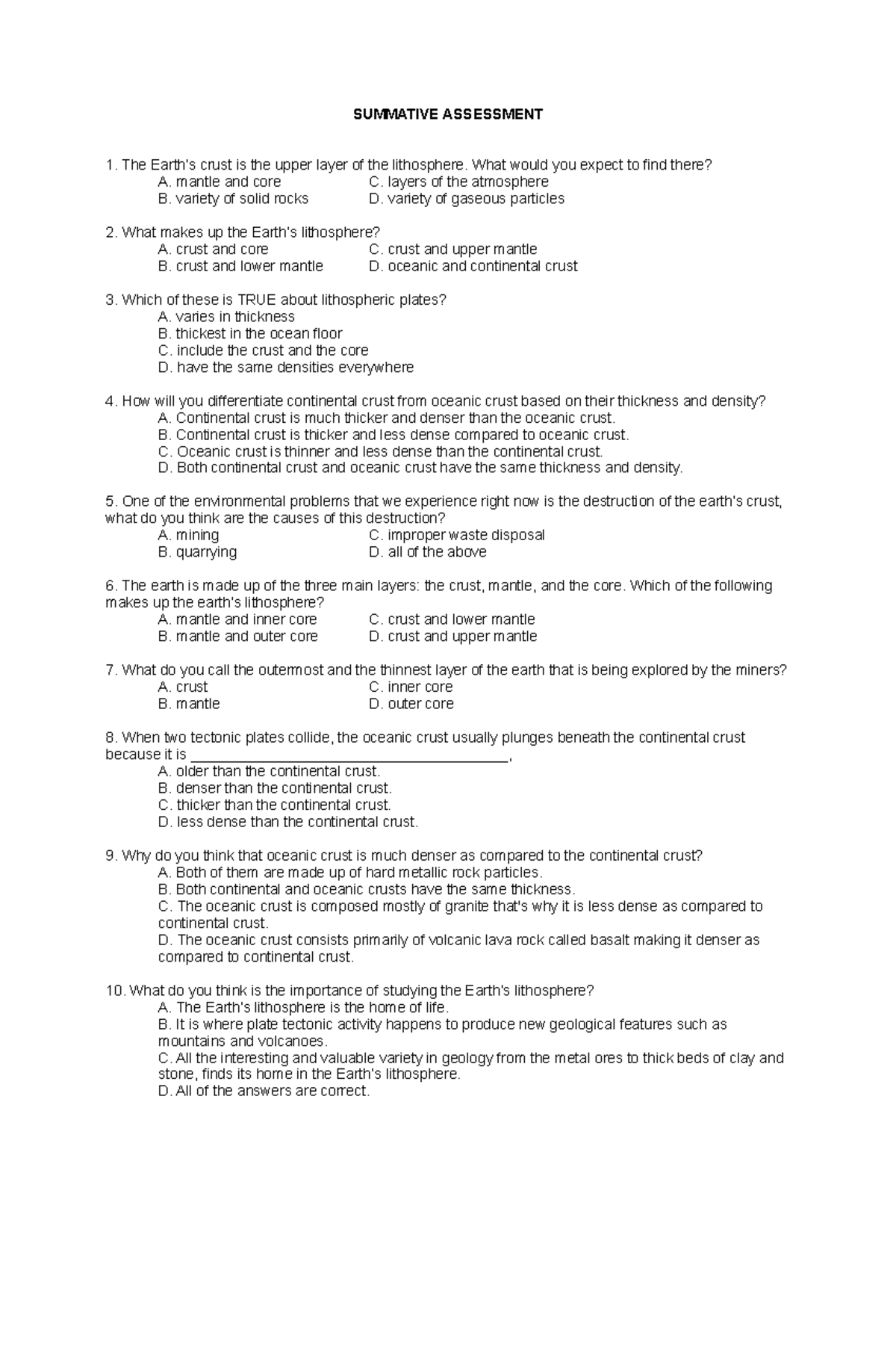 Summative Assessment 3: Understanding Earth's Lithosphere and Crust ...