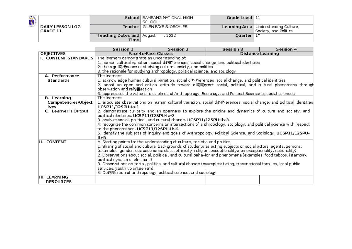 DLL 2022-2023 UCSP Grade 11 Daily Lesson Log: Understanding Culture ...