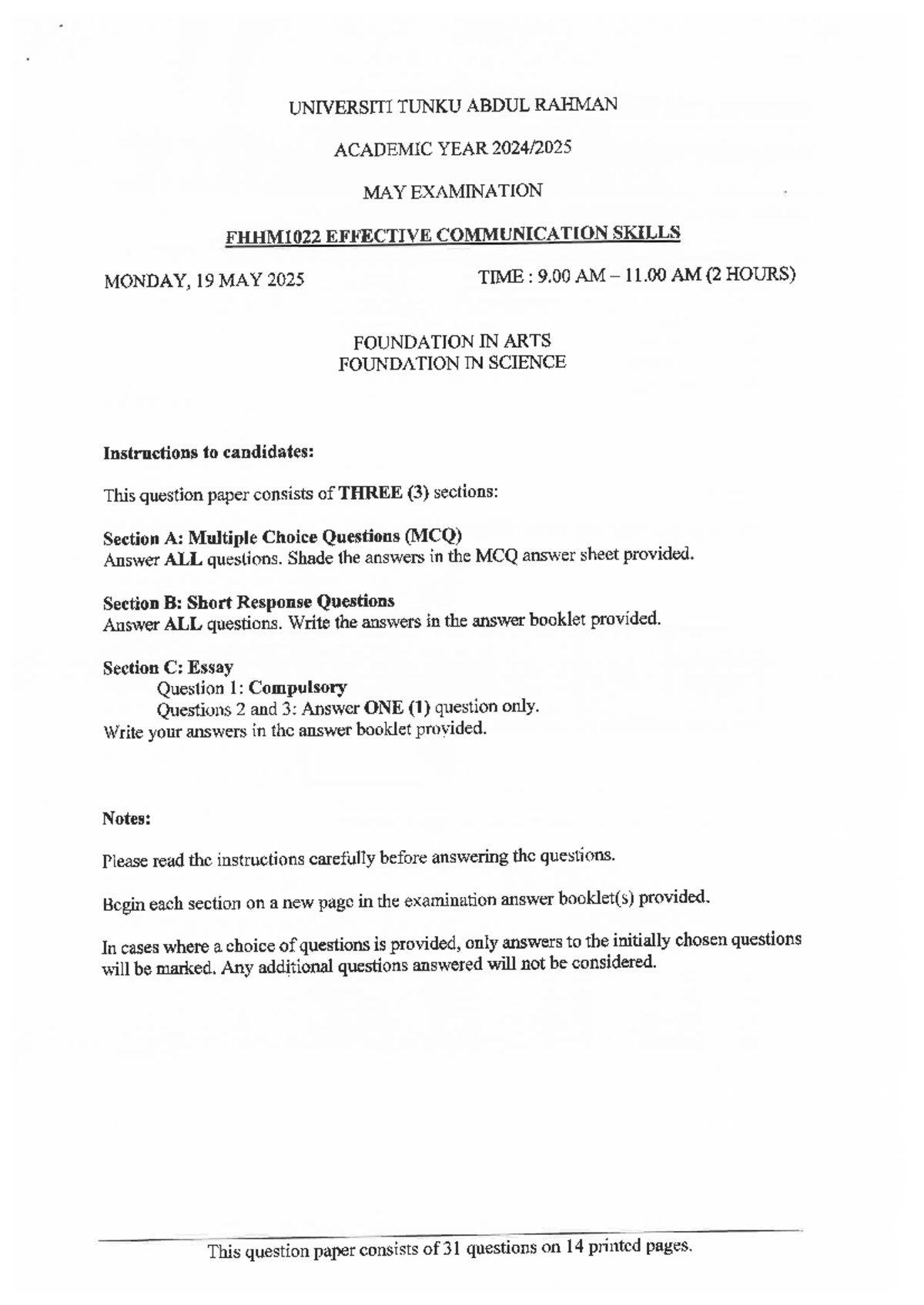 FHHM1022 MAY 2025 - Effective Communication Skills Exam Paper - Studocu