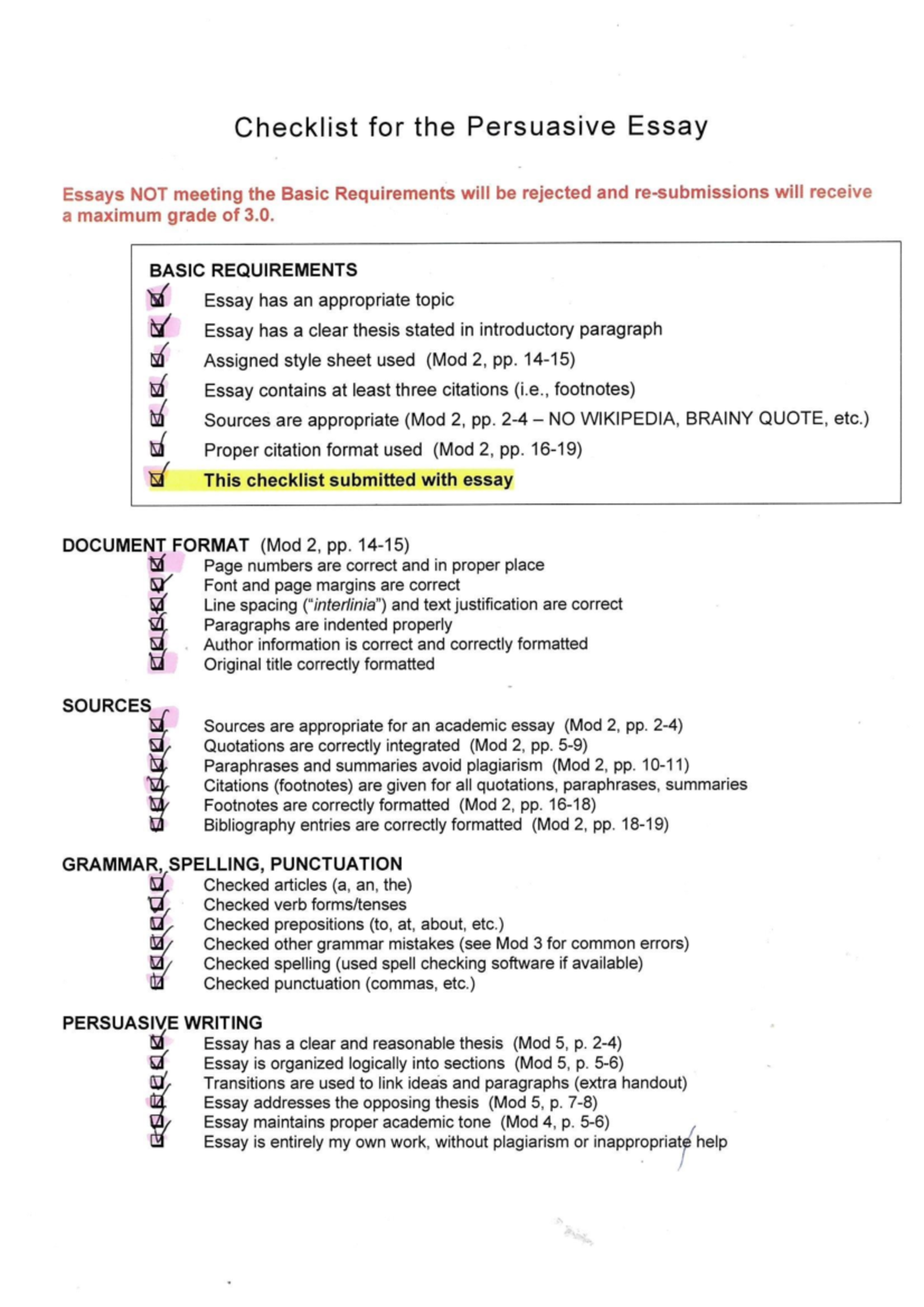 Persuasive Essay Checklist for Success (Mod 2, 3, 4, 5) - Studocu