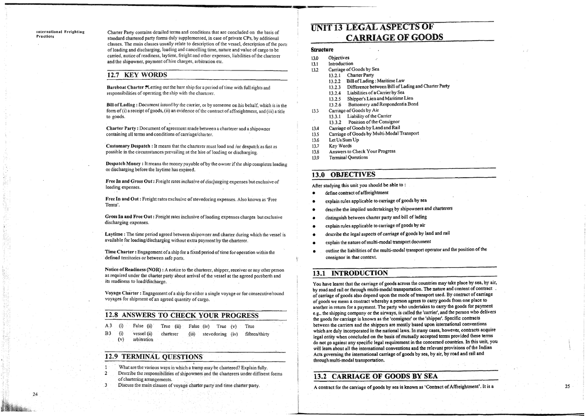 Unit 13: Legal Aspects of Carriage of Goods in International Freighting ...