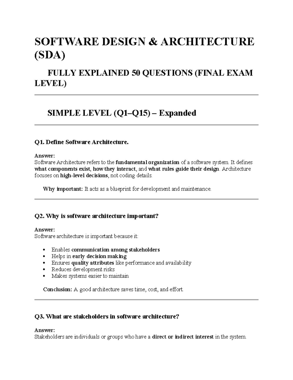 SDA FINAL EXAM STUDY GUIDE: 50 KEY QUESTIONS ON SOFTWARE ARCHITECTURE ...