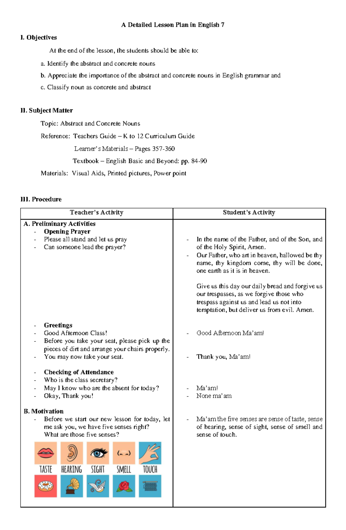 Lesson Plan (Nouns) for English 7: Abstract vs Concrete Nouns - Studocu
