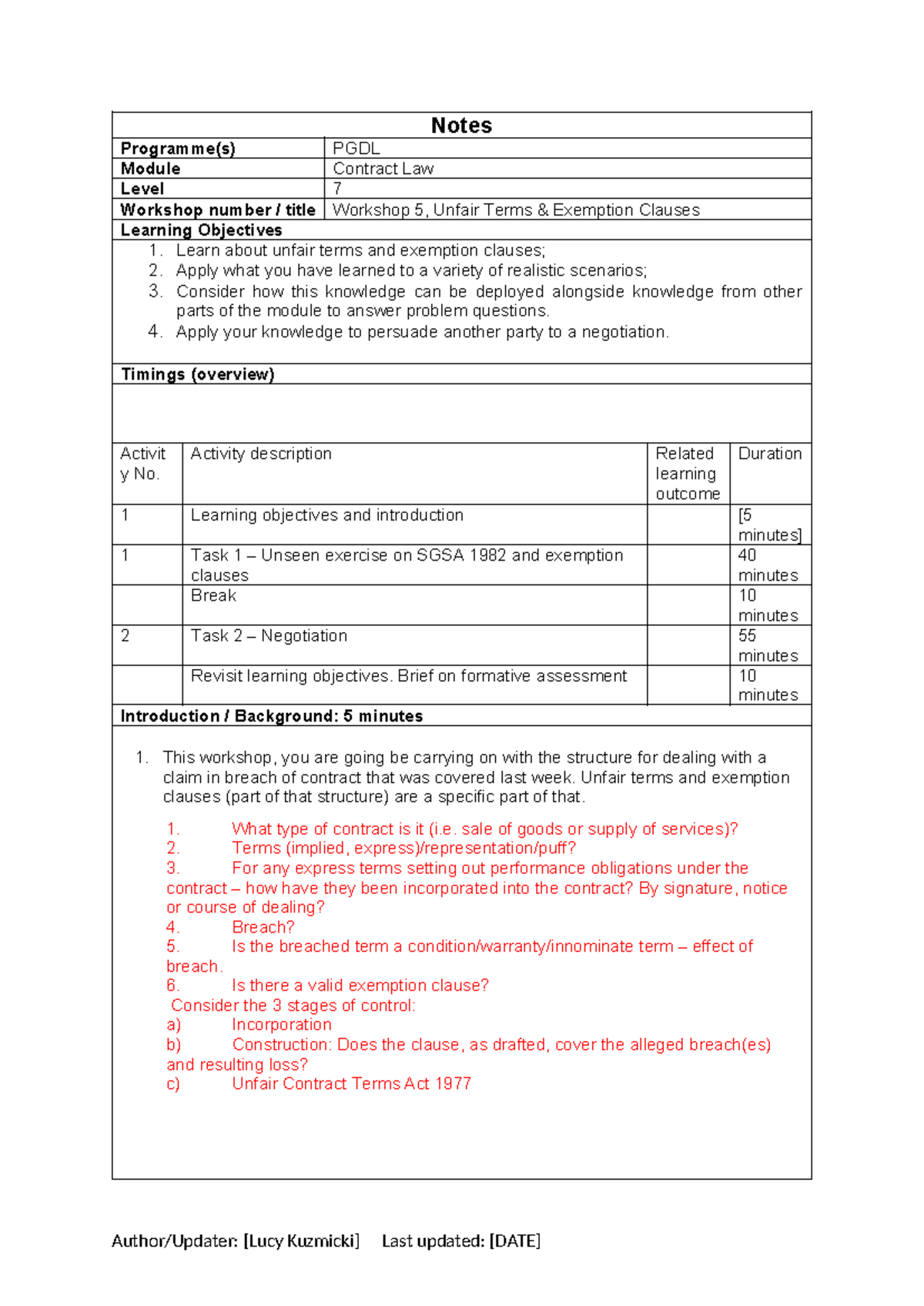 W5 PGDL Contract Law Workshop 5: Unfair Terms & Exemption Clauses Notes ...