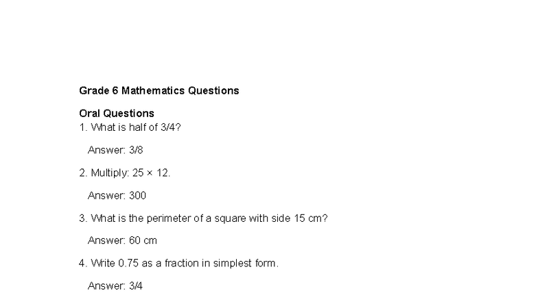 Grade 6 Math Questions - Oral & Written Review - Studocu