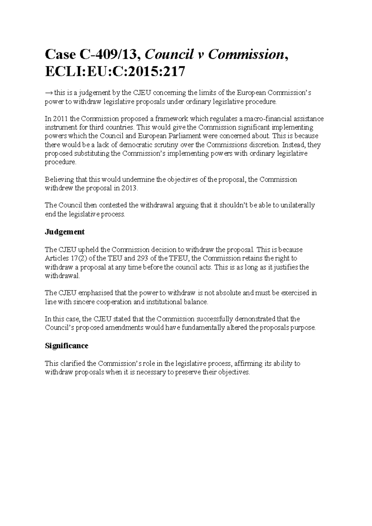 CJEU Case Study: Council v Commission, ECLI:EU:C:2015:217 - Studocu
