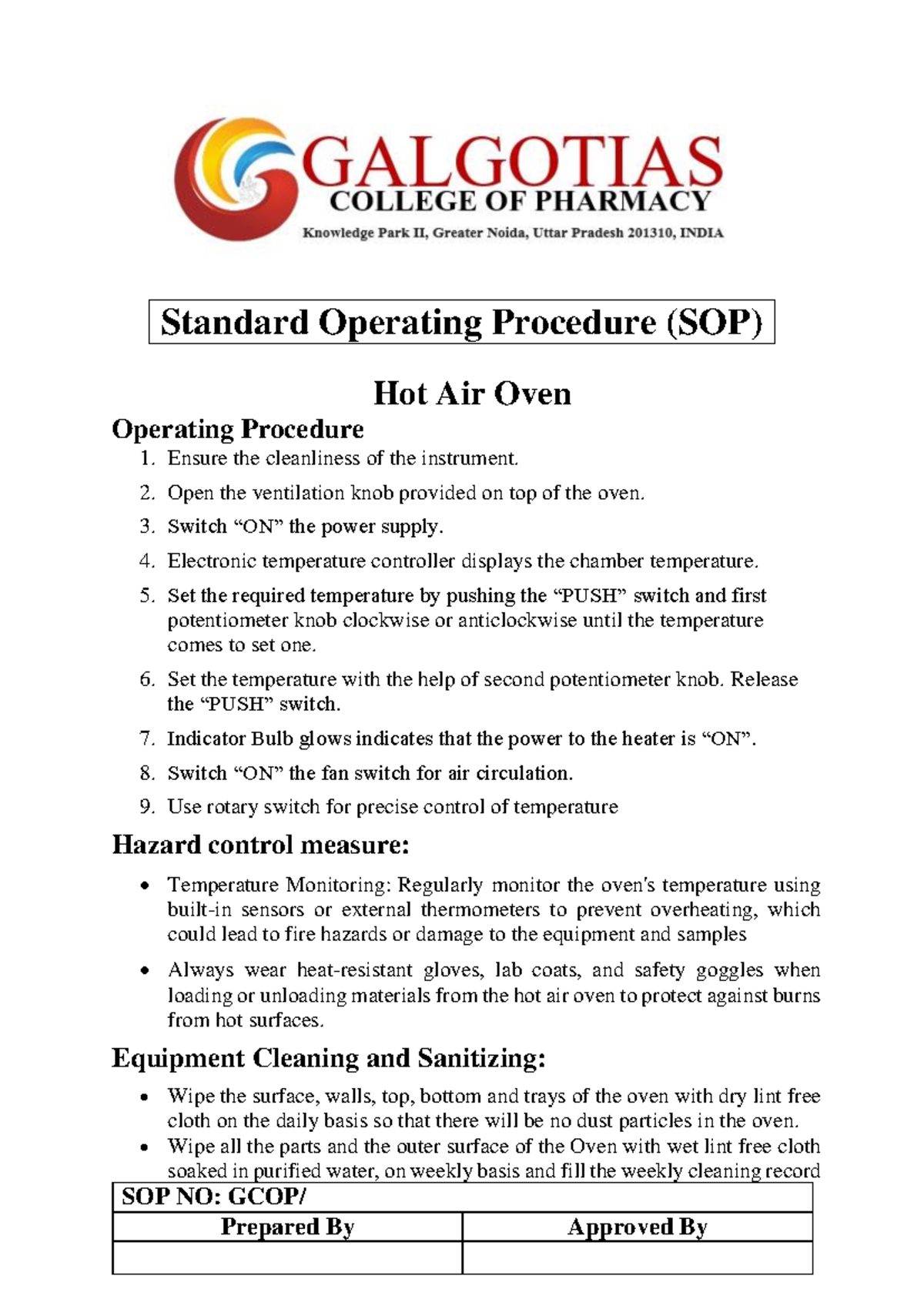 SOP - Hot Air Oven Operating Procedure for Lab Equipment - Studocu