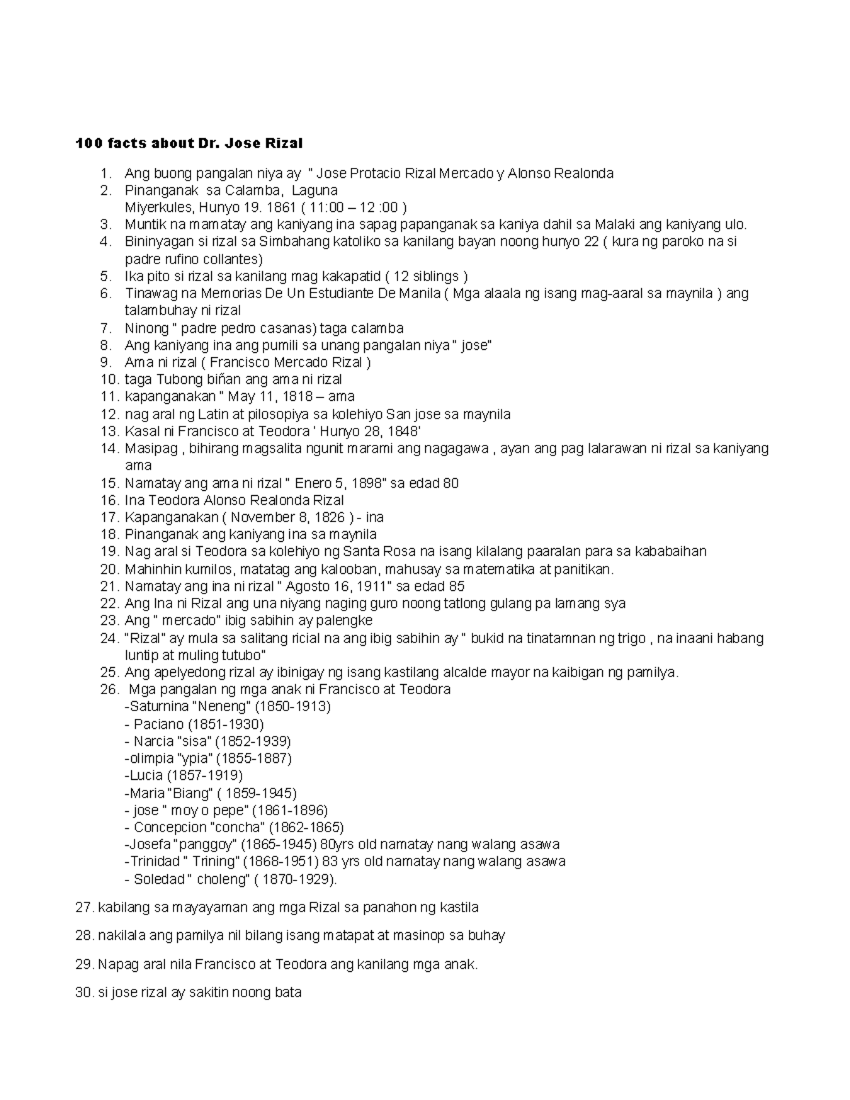 100 Facts About Dr. Jose Rizal: A Comprehensive Overview - Studocu