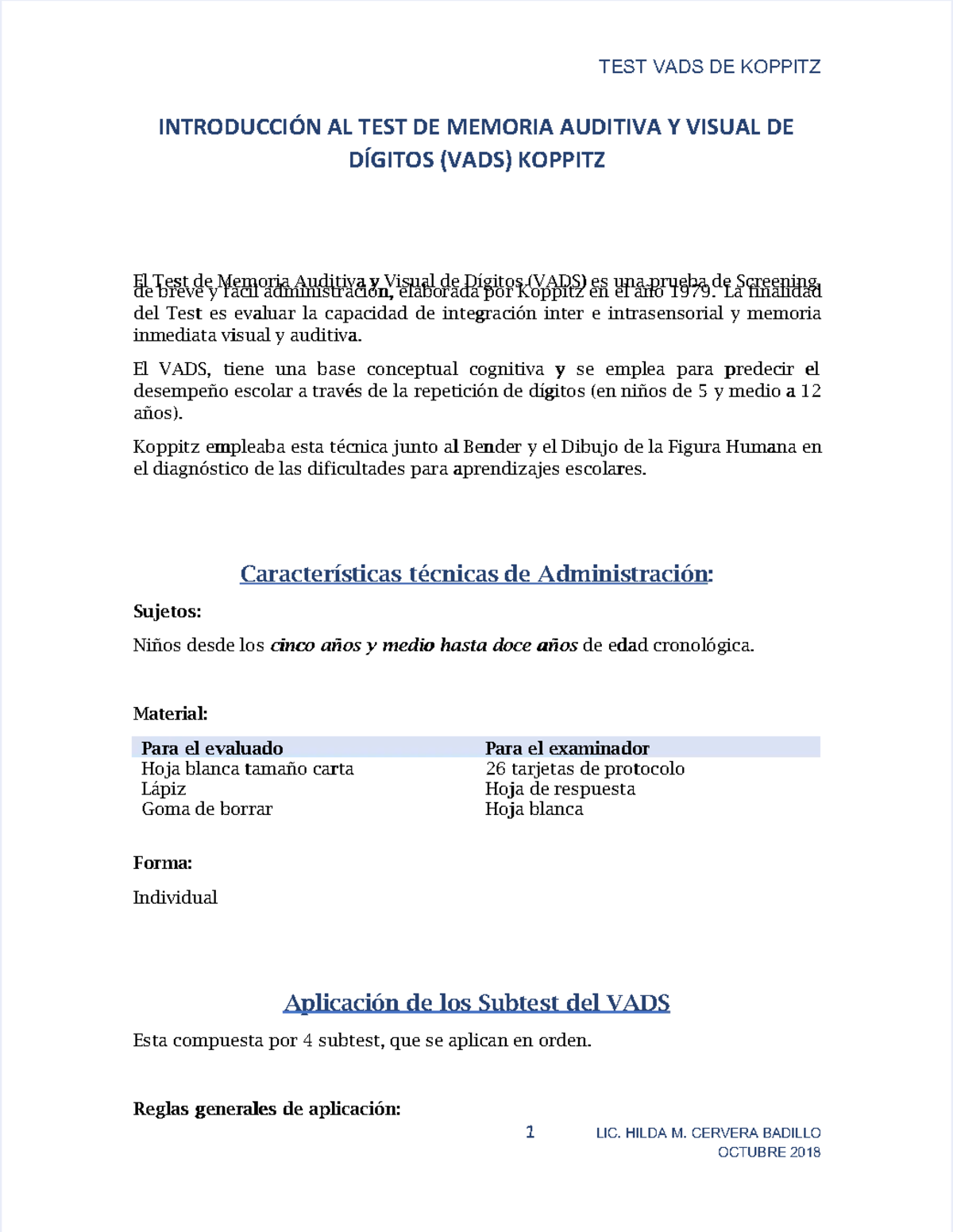 Manual del TEST VADS Koppitz: Evaluación de Memoria Auditiva y Visual ...