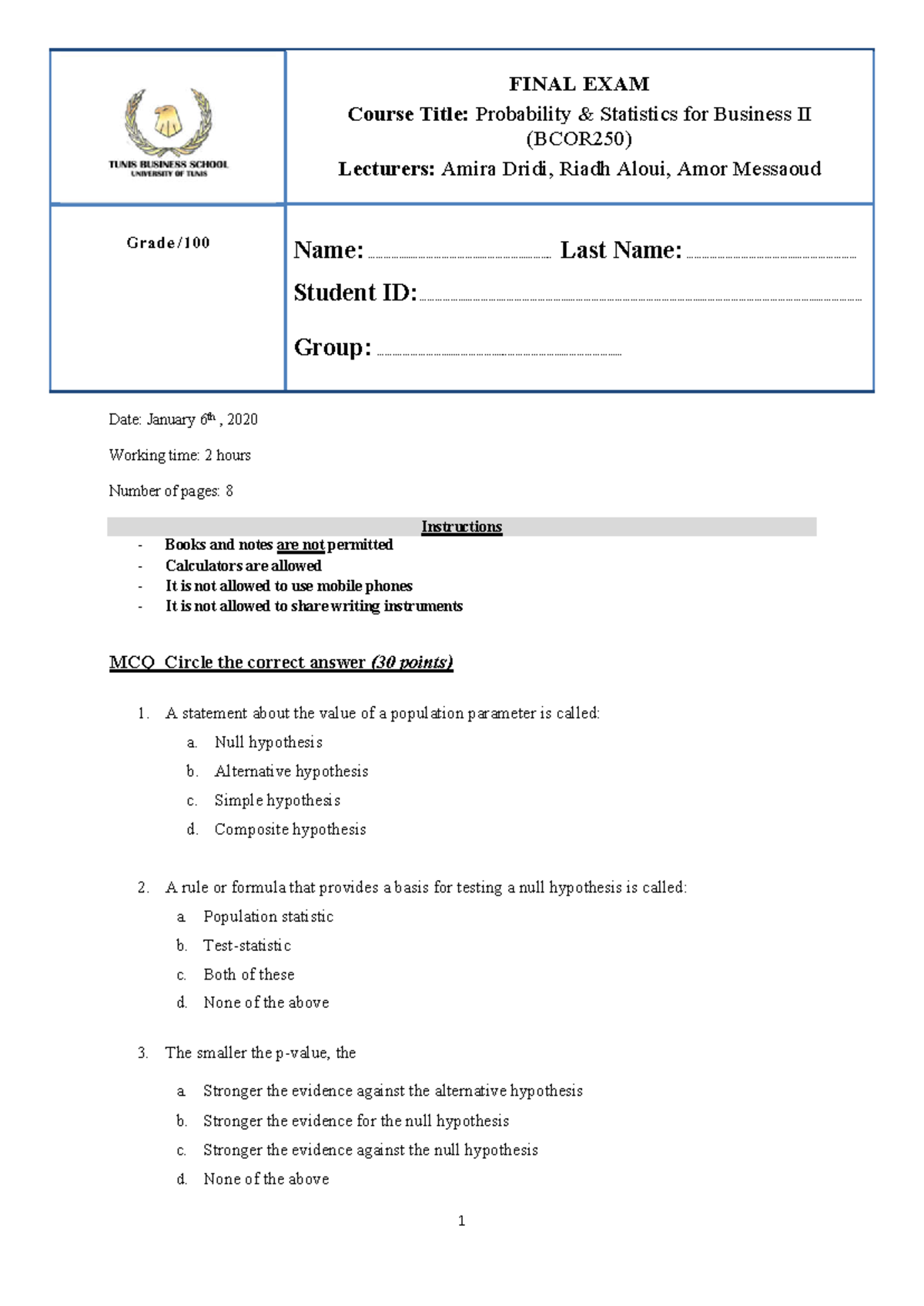 Final Exam Review: Probability & Statistics for Business II (BCOR250 ...