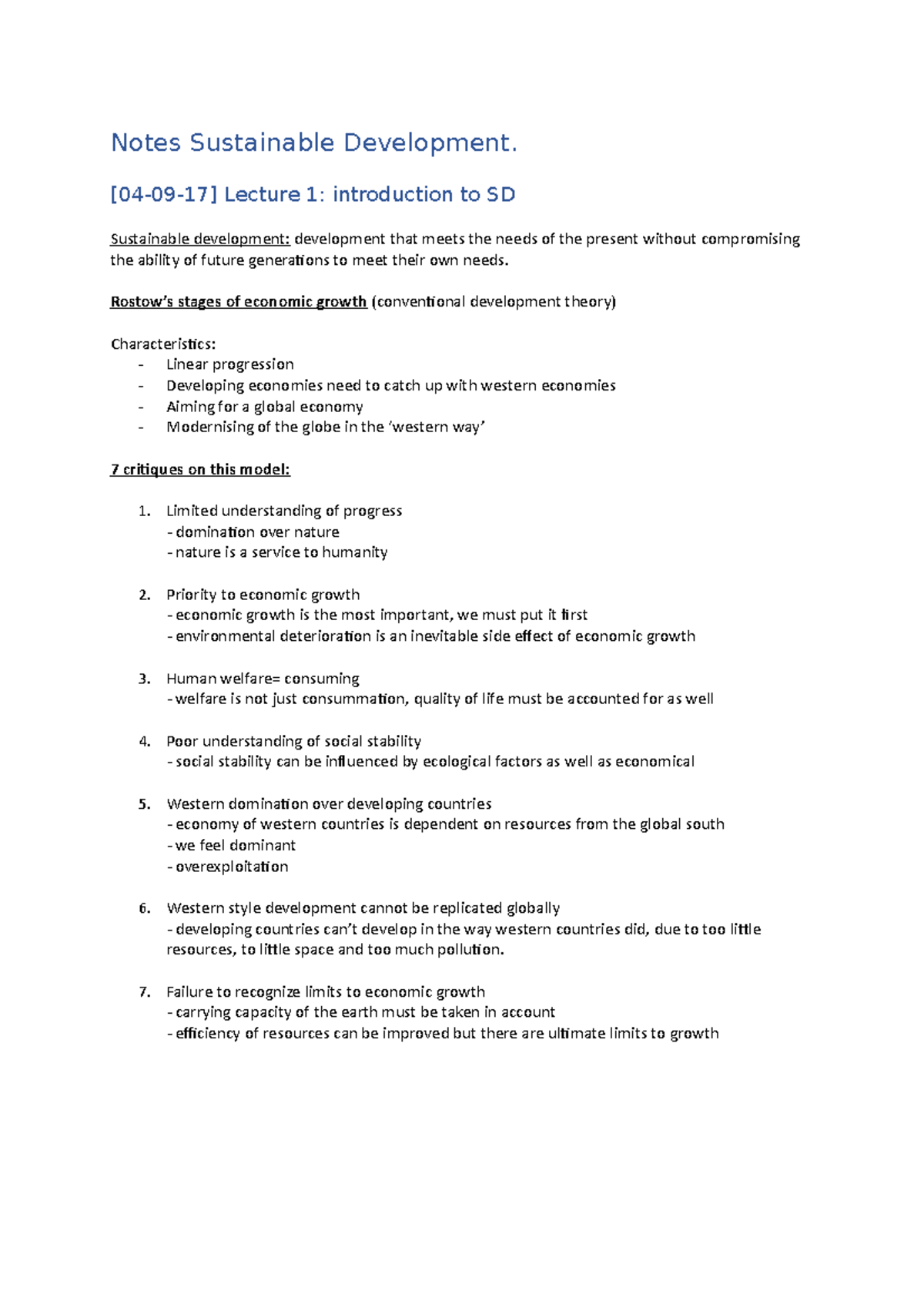 Sustainable Development in Global Context; lecture notes and summary ...