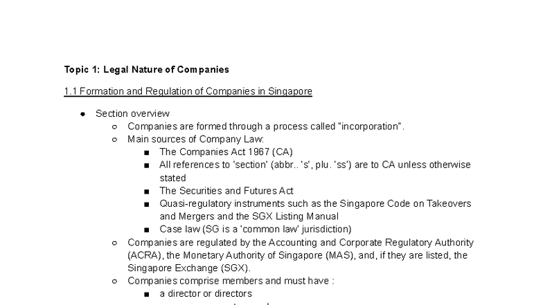 Company Law (CL101) Chapter 1 & 2: Formation, Regulation, and ...