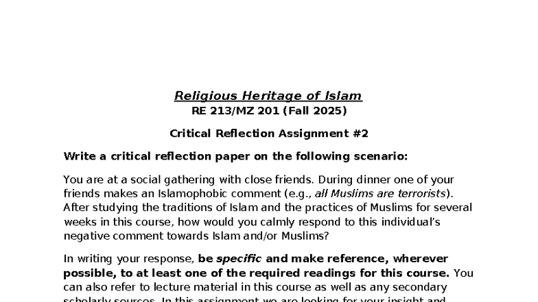 Critical Reflection Assignment on Islam RE 201 (Fall 2025) - Studocu