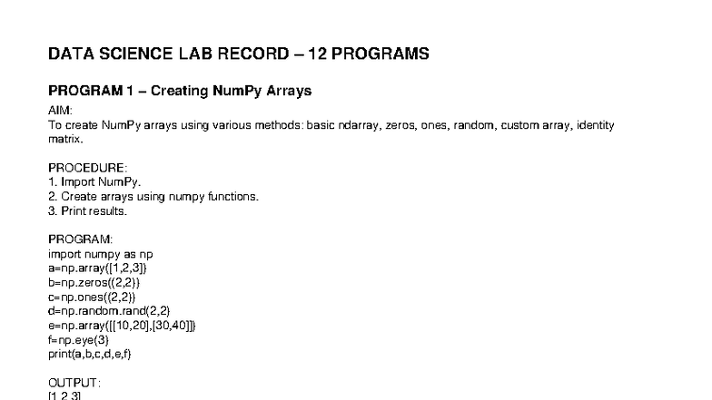 DATA SCIENCE LAB RECORD 12 PROGRAMS: NumPy & Data Visualization - Studocu