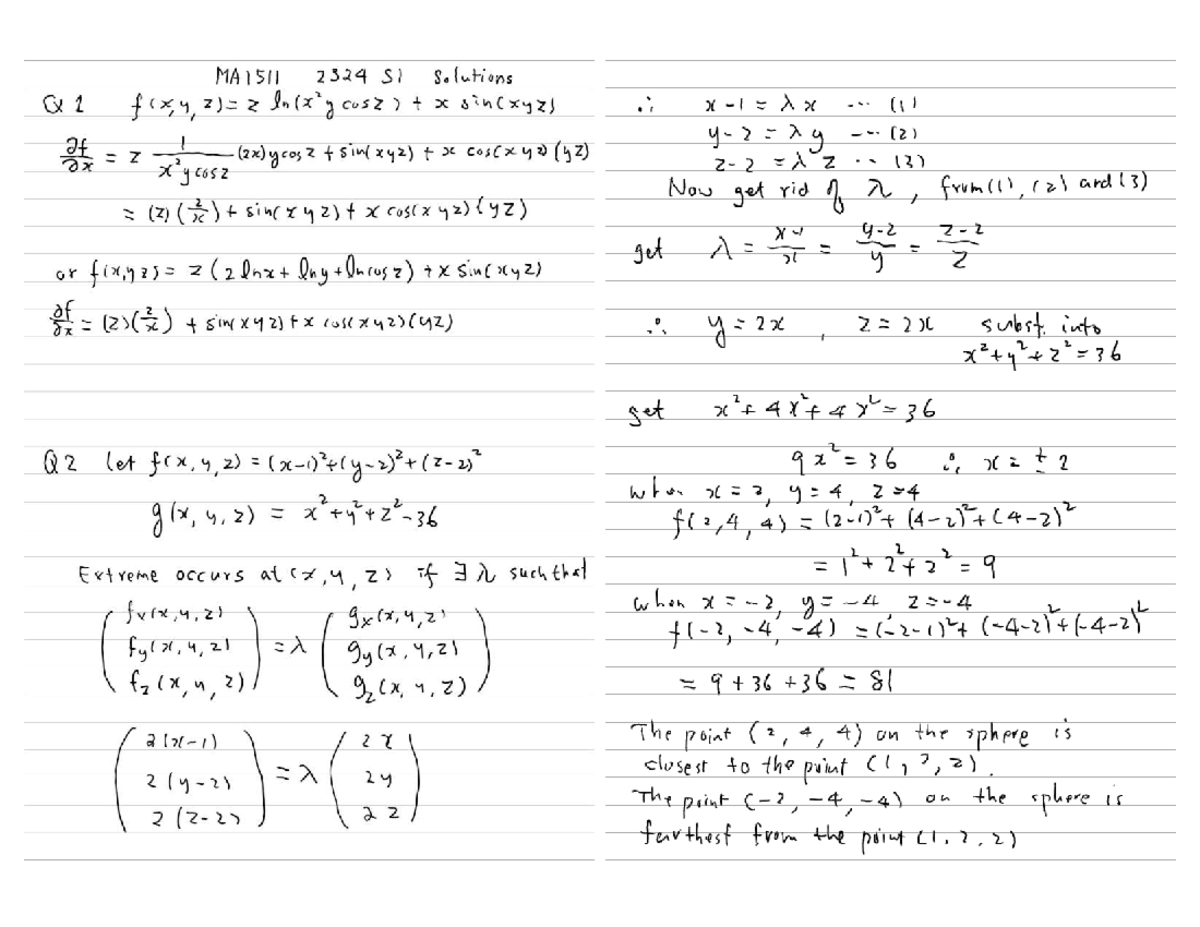 MA1511 2324 SI Solutions: Detailed Analysis and Fixes - Studocu