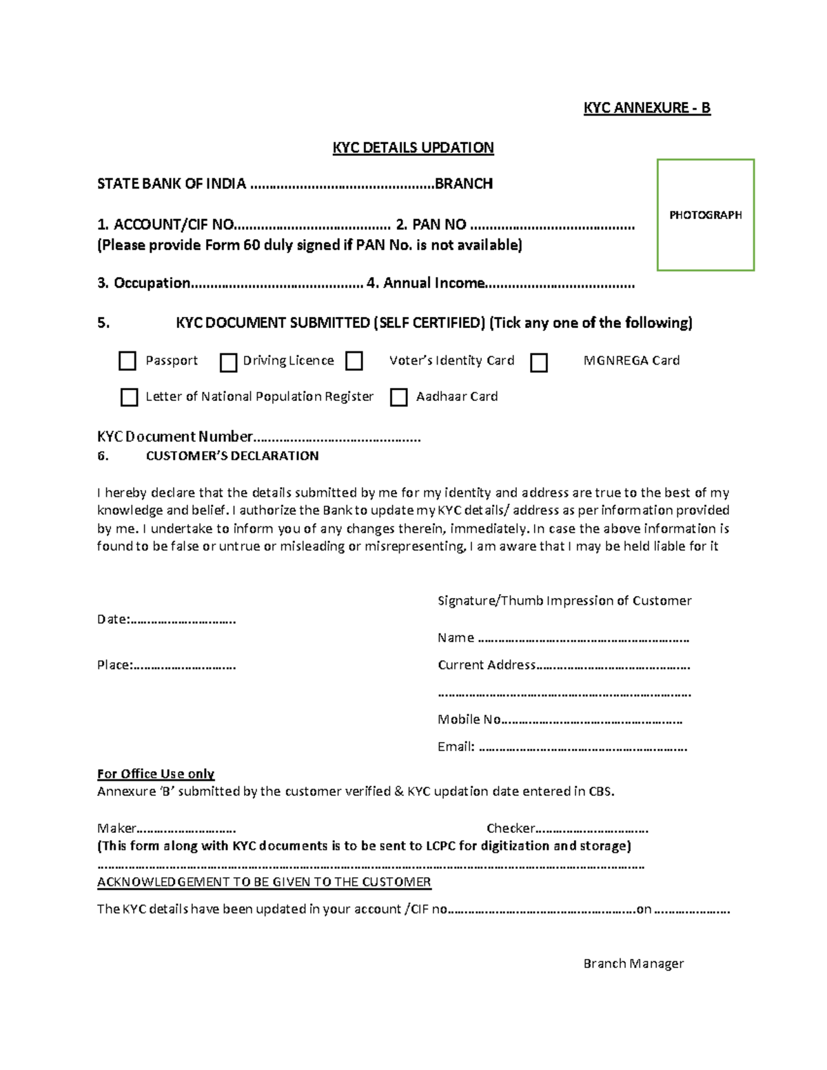 KYC Details Updation - Annexure B for SBI Account Management - Studocu
