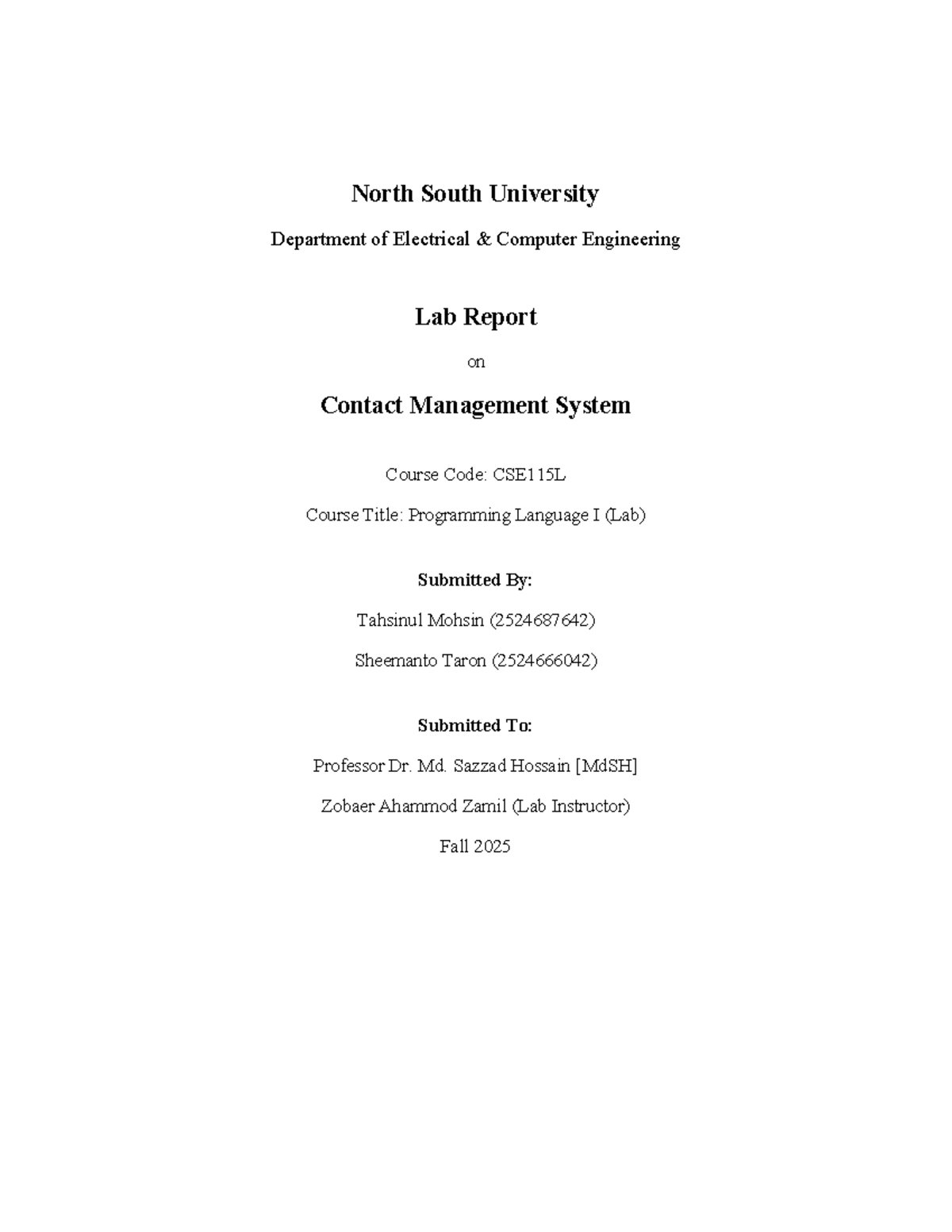 CSE115L Lab Report: Contact Management System at NSU - Studocu