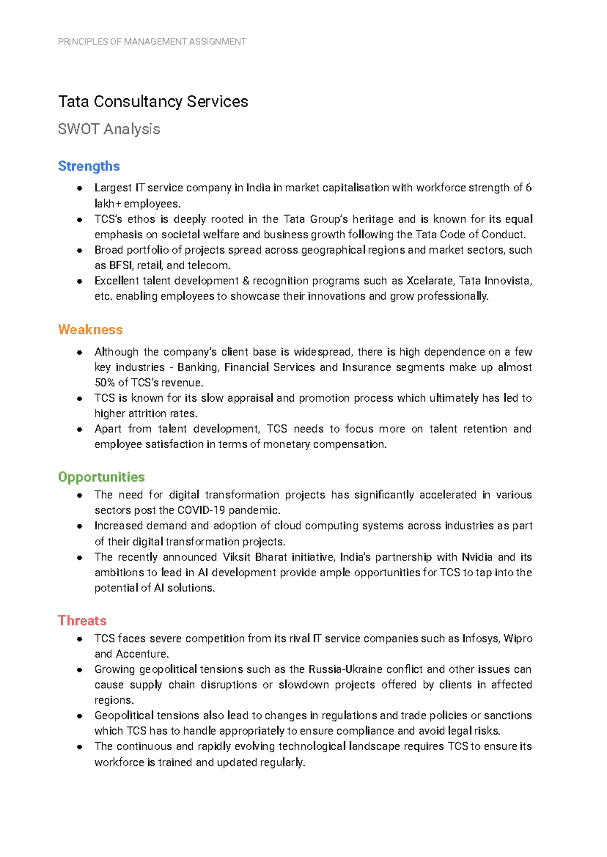 TCS Principles of Management: SWOT & PEST Analysis Assignment - Studocu