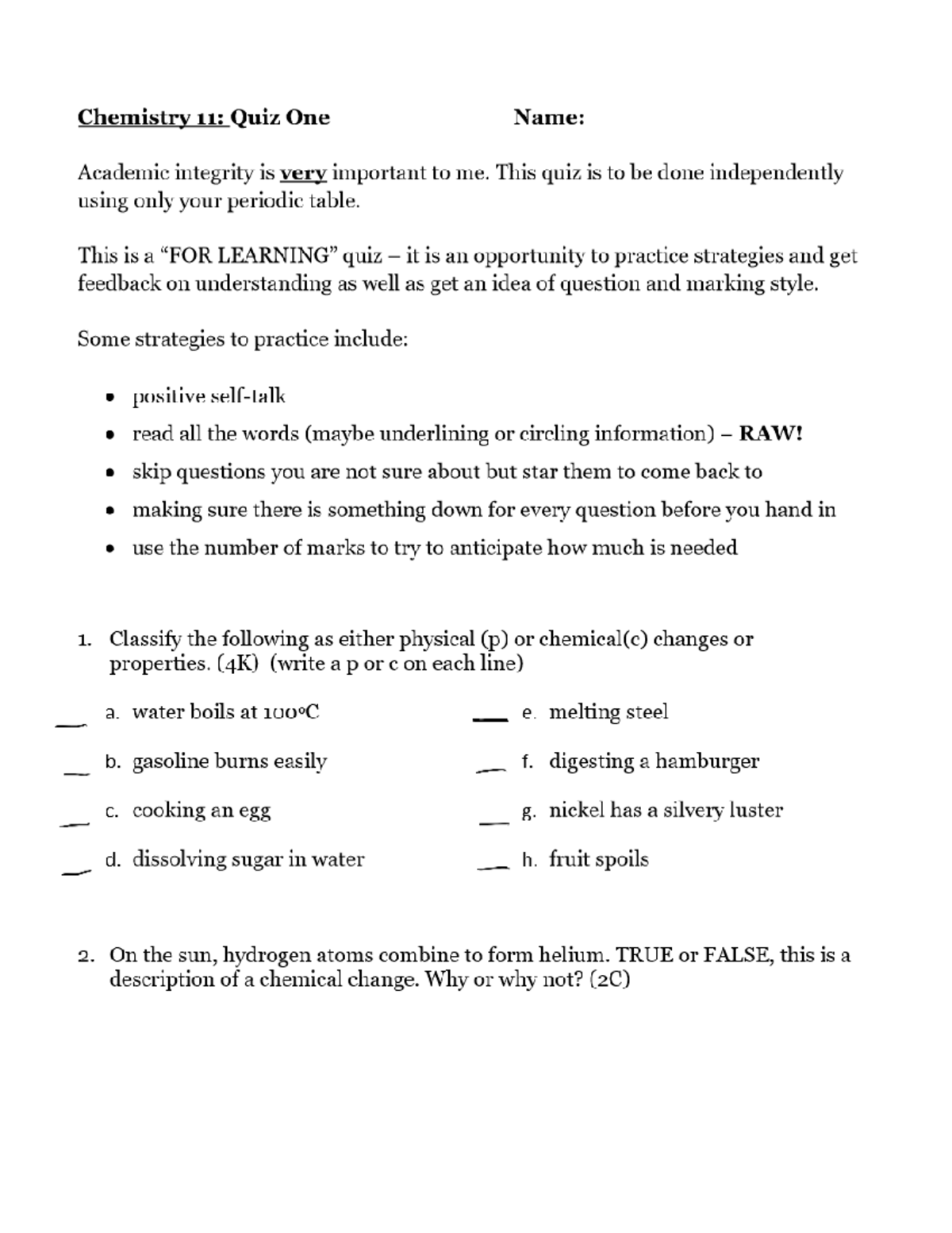 Chemistry 11: Unit 1 Quizzes Practice Test & Prep Guide - Studocu
