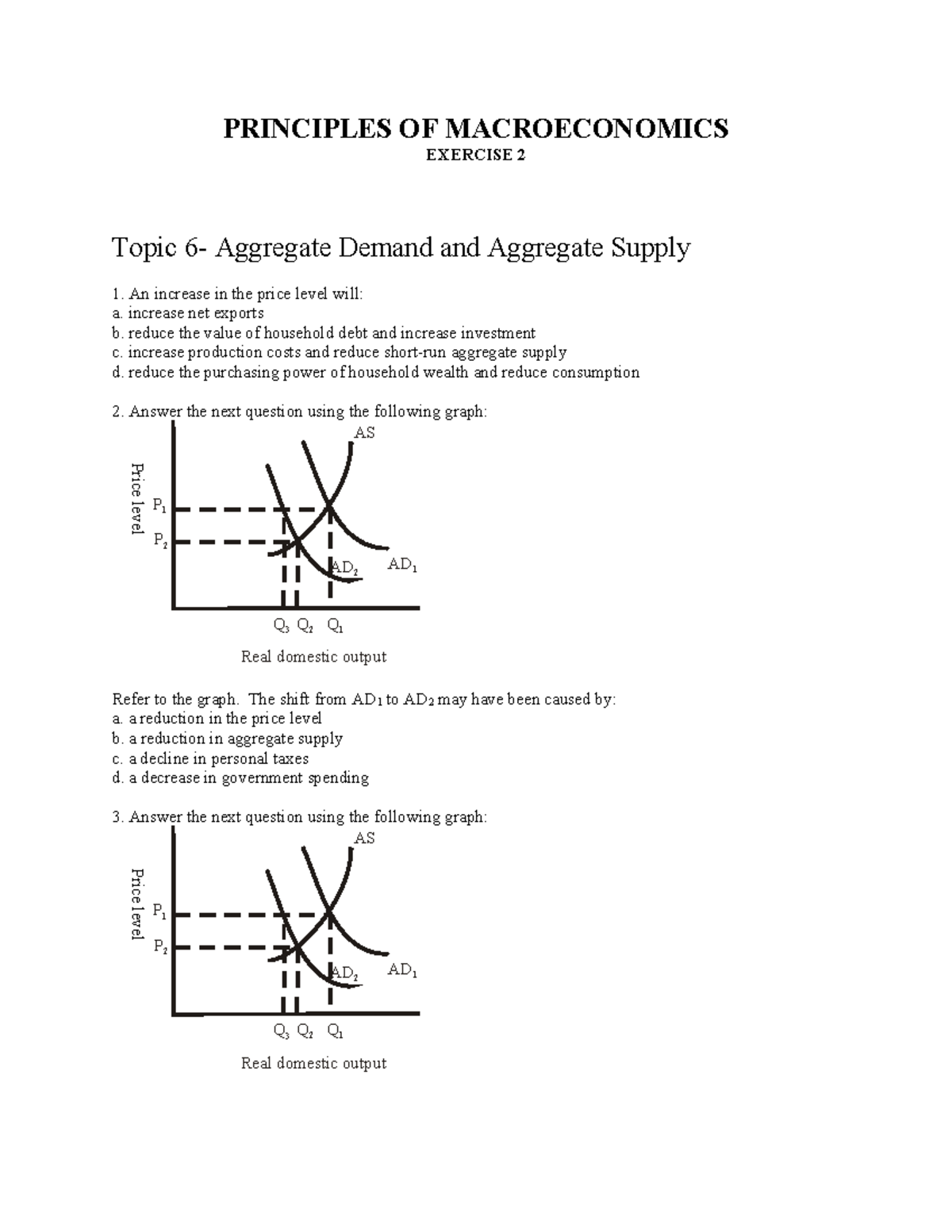 PRINCIPLES OF MACROECONOMICS EXERCISE 2: Aggregate Demand & Supply ...