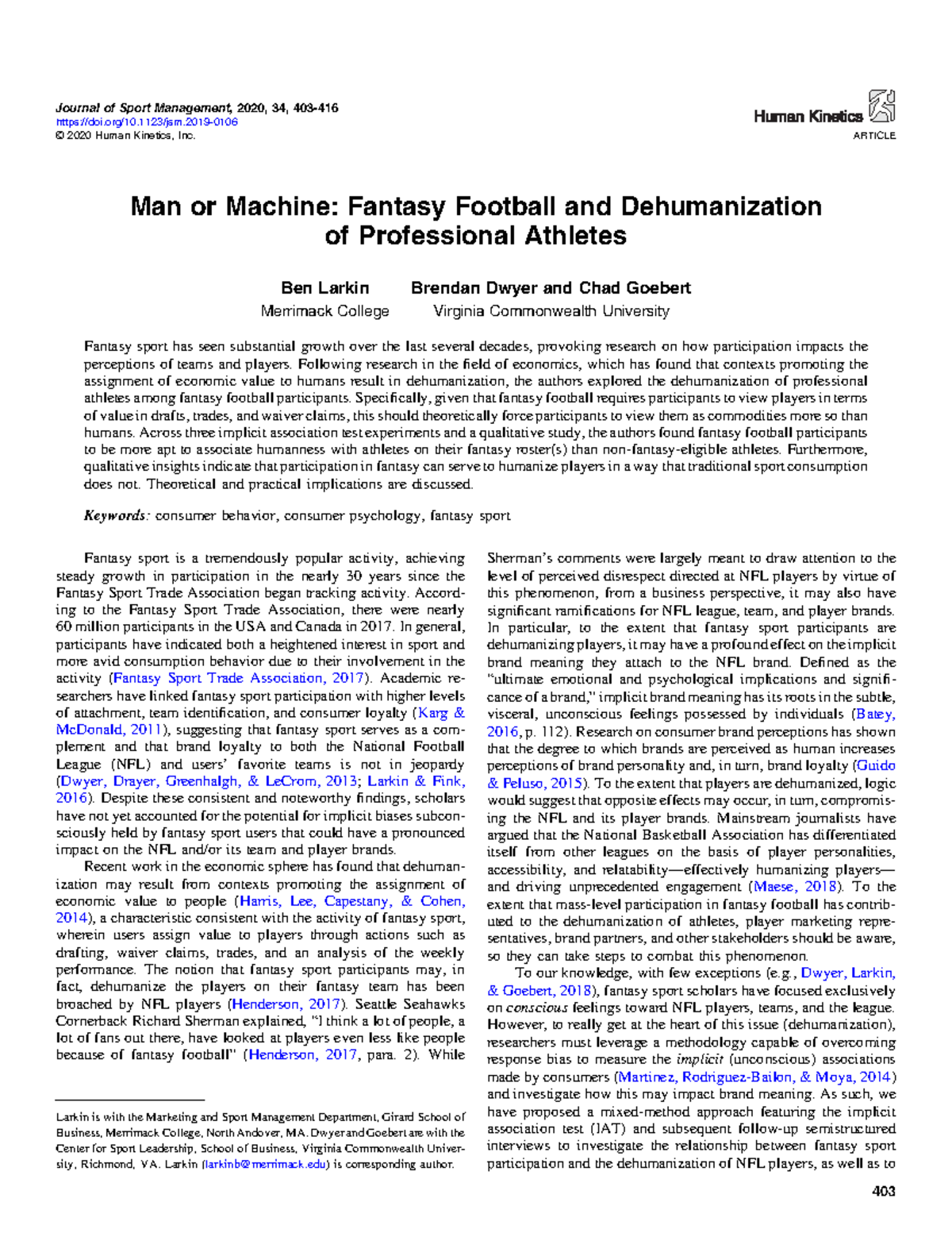 Man or Machine: Dehumanization in Fantasy Football Participation (JSM ...