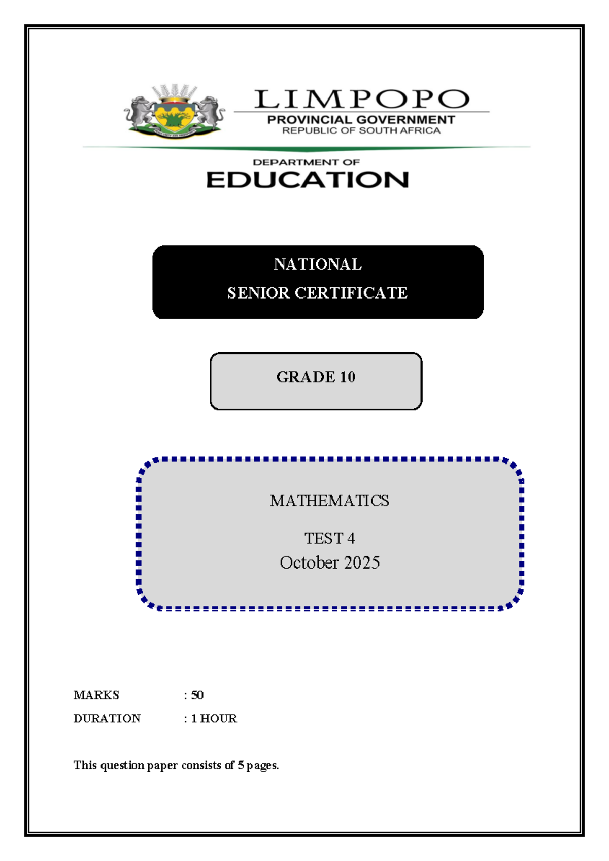 2025 NSC Grade 10 Mathematics Test 4 - October Exam - Studocu