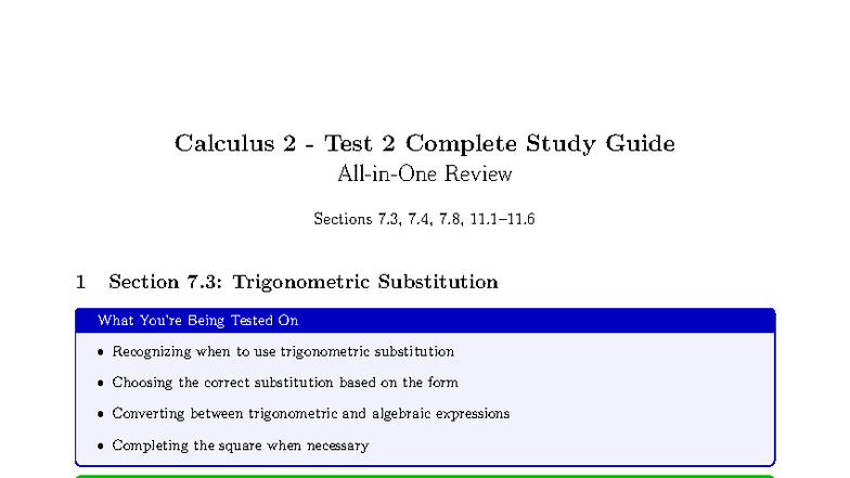 Calculus 2 (MATH 201) Test 2 Complete Study Guide Review - Studocu