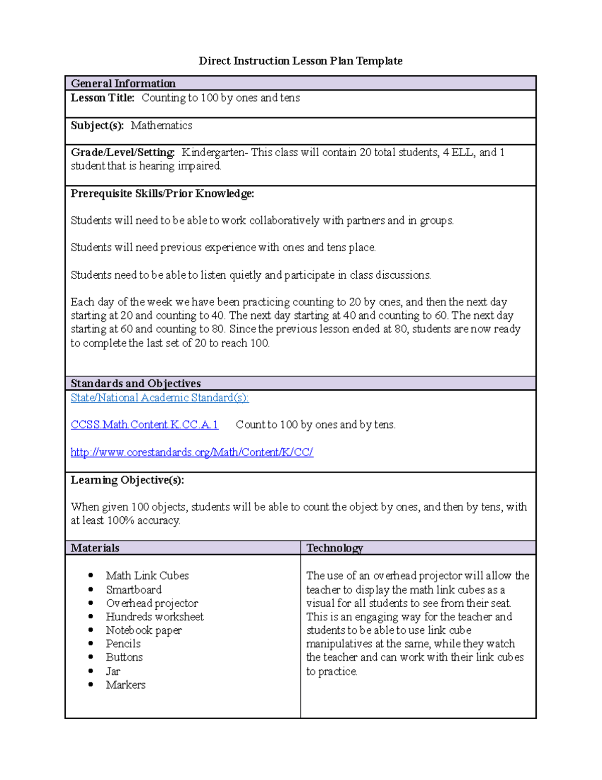 Elementary Math Lesson Plan1 - Direct Instruction Lesson Plan Template ...