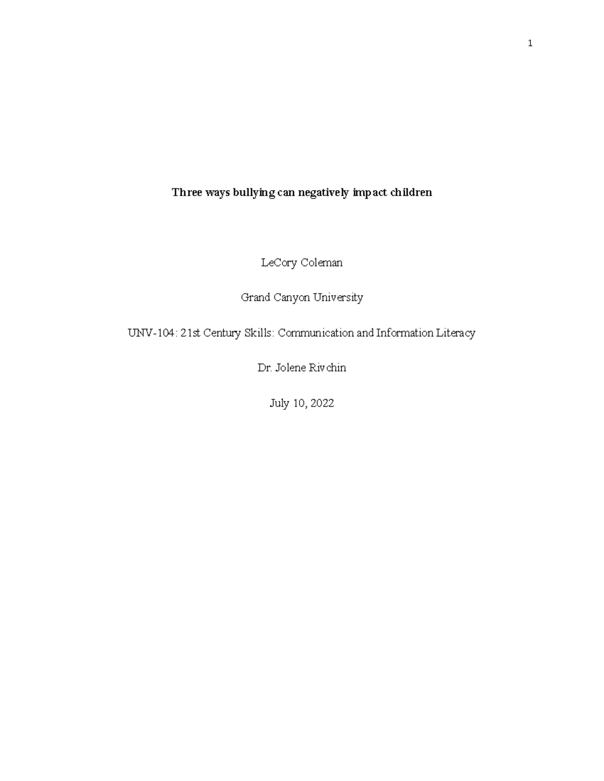 UNV-104 Expository Essay: The Impact of Bullying on Children - Studocu