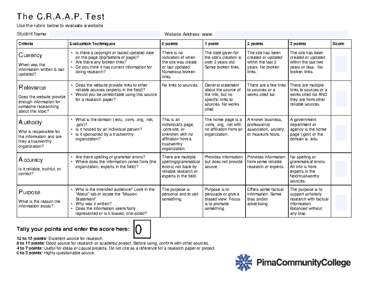 C.R.A.A.P. Test Evaluation Rubric - Print Version - Studocu