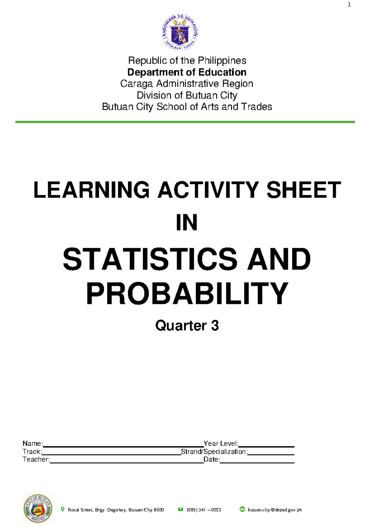 Learning Activity Sheet in Statistics and Probability (Quarter 3) - Studocu