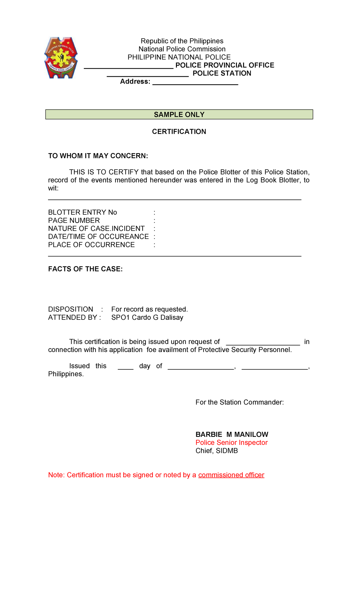 Police Blotter Certification - Legal Form for PNP Documentation - Studocu