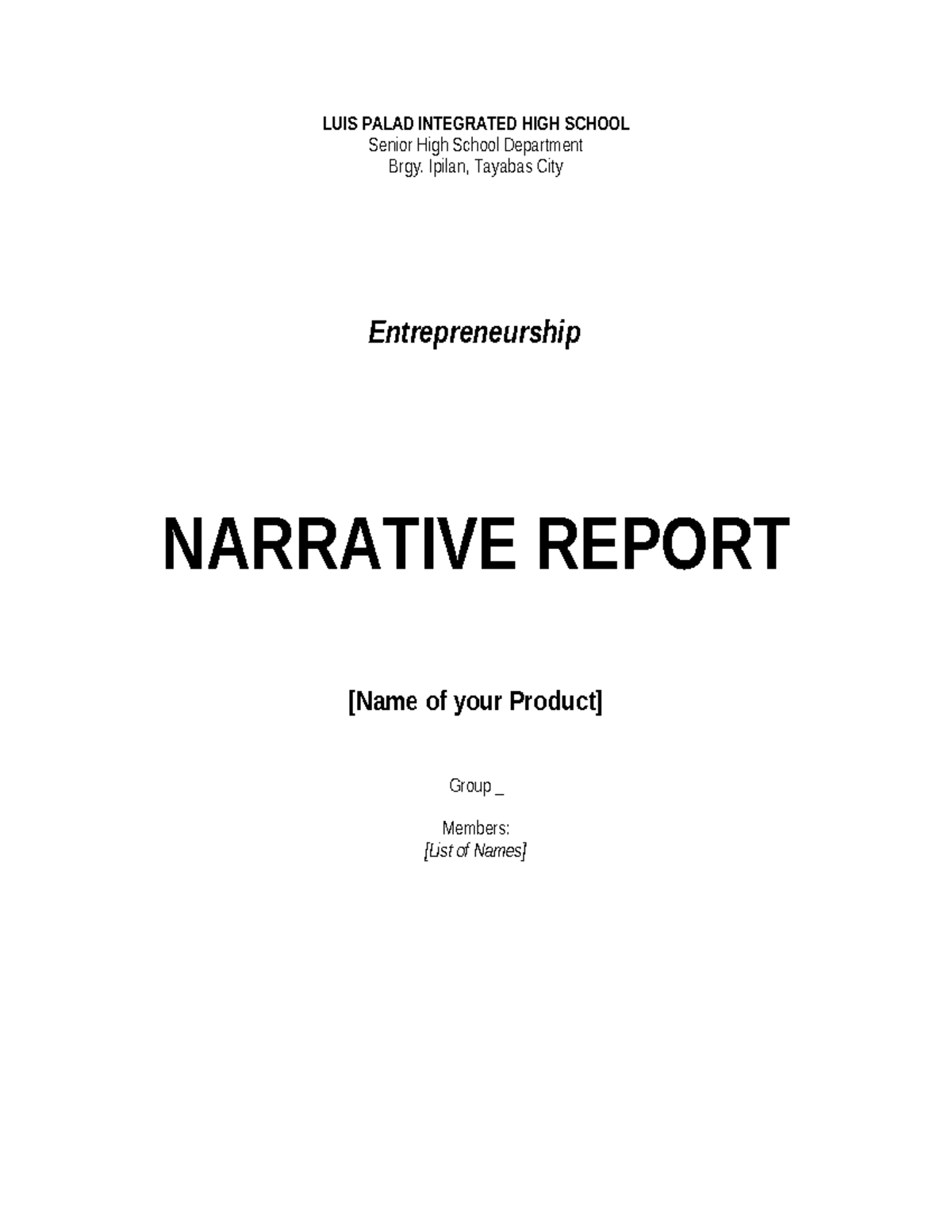 Narrative Report Template for Entrepreneurship 1 Project - Studocu