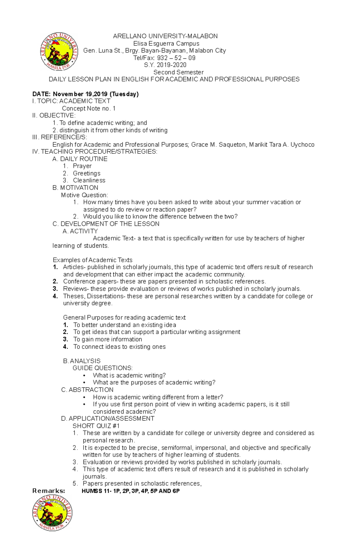 EAPP - Lesson Plan: Academic Texts, Structures & Reading Tips - Studocu