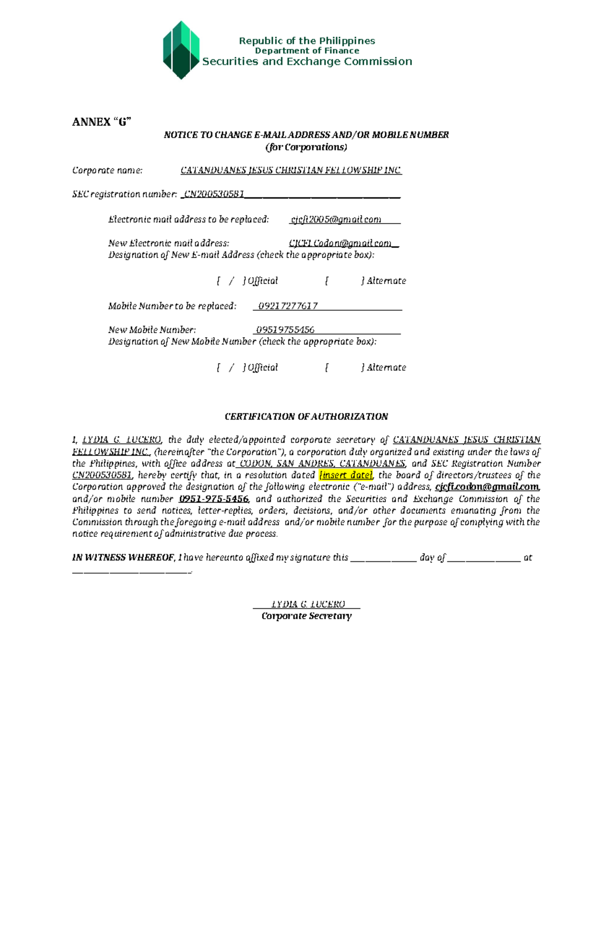 Annex G: Notice for Change of Email & Mobile Number for Corporations ...
