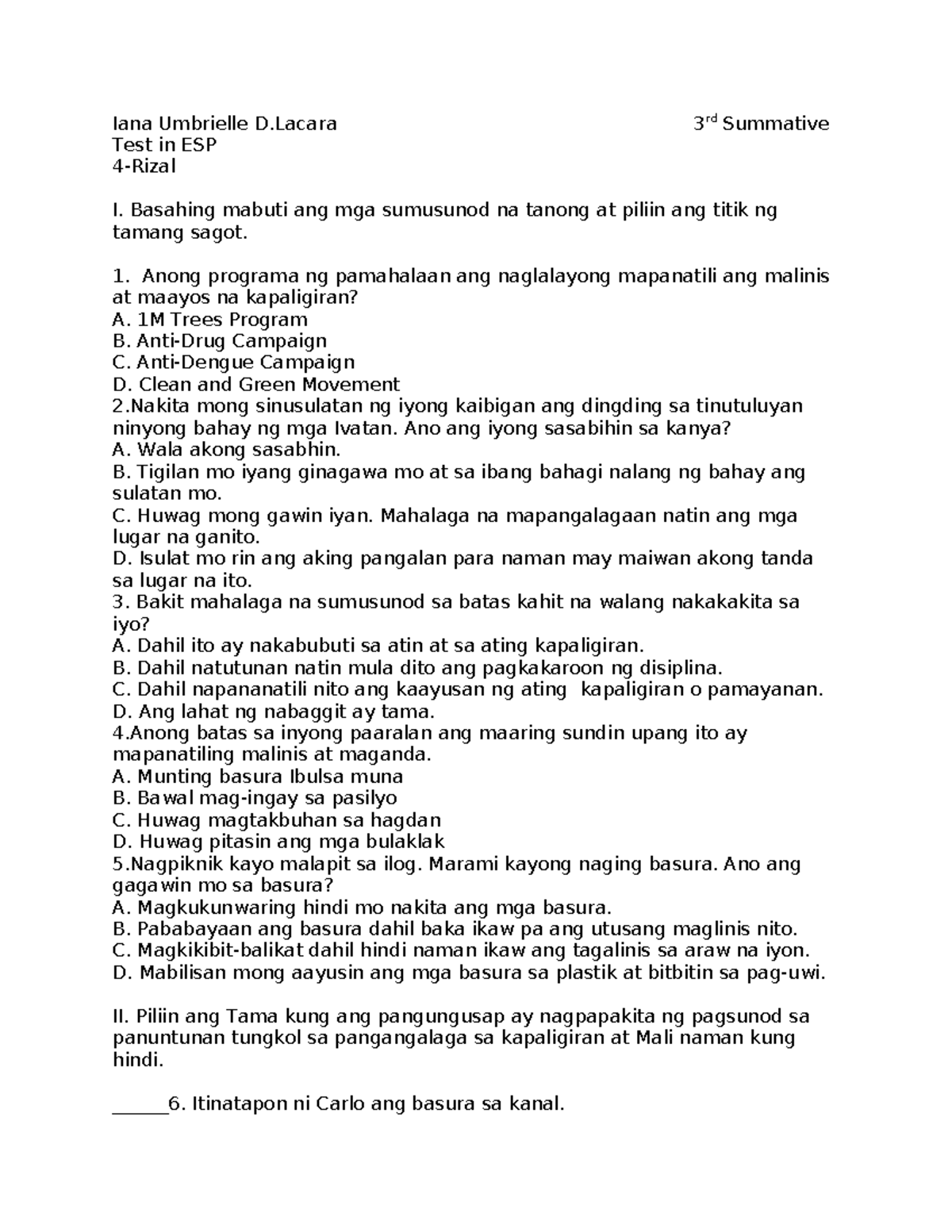 Summative ESP - examination questionnaire - Iana Umbrielle D 3 rd ...