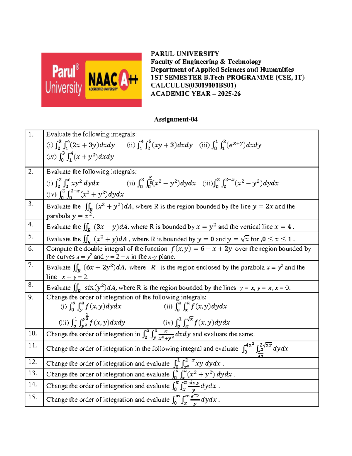 Assignment-04 - Calculus (03019101BS01) Integrals Evaluation - Studocu