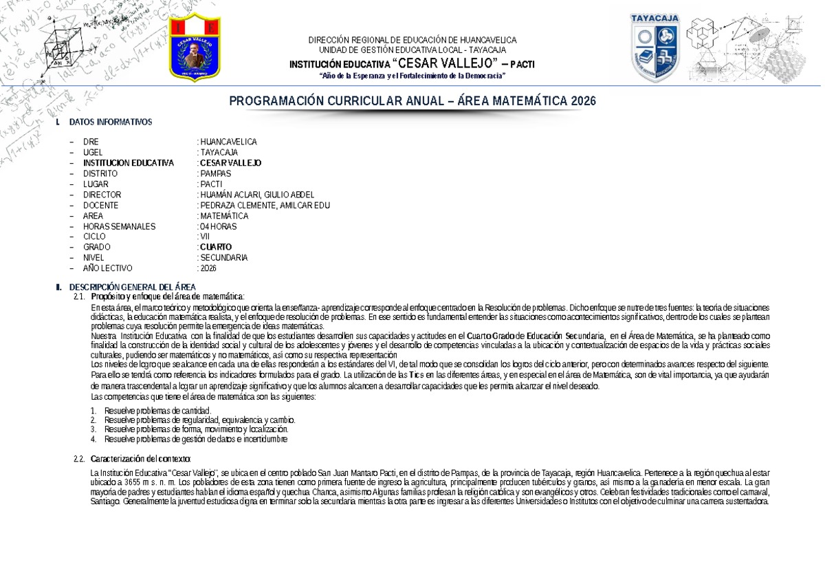 CV - PCA - Programación Curricular Anual Matemática 4 - 2026 - Studocu