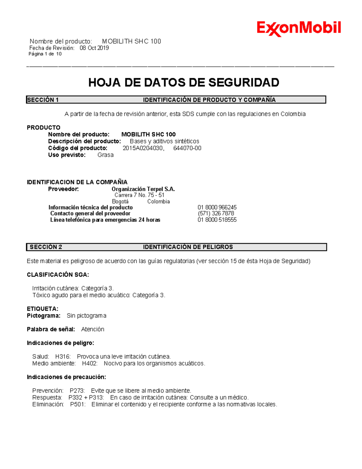 Hoja de Seguridad: Grasa Mobilith SHC 100 - Revisión 08 Oct 2019 - Studocu