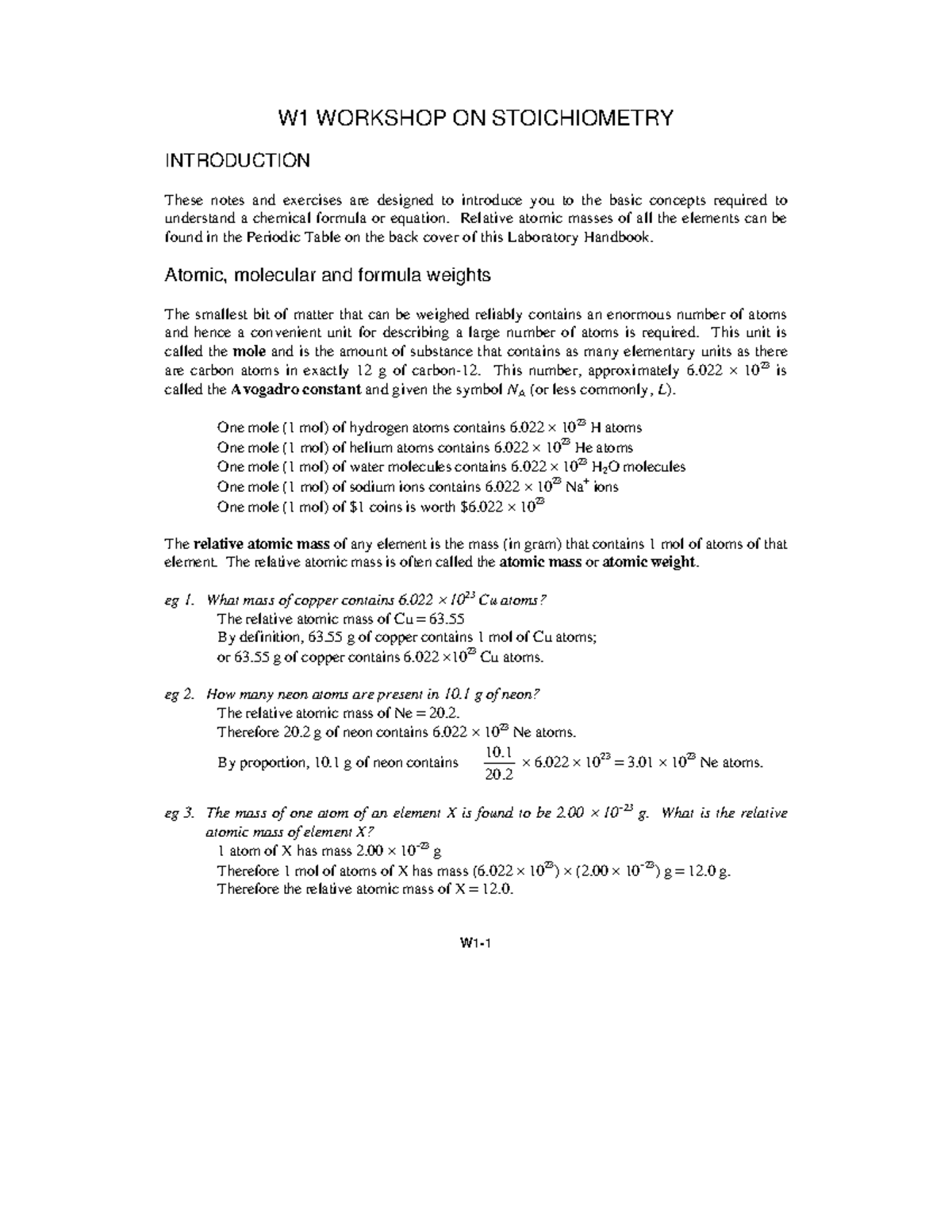 Stoichiometry Workshop - W1 WORKSHOP ON STOICHIOMETRY INTRODUCTION ...