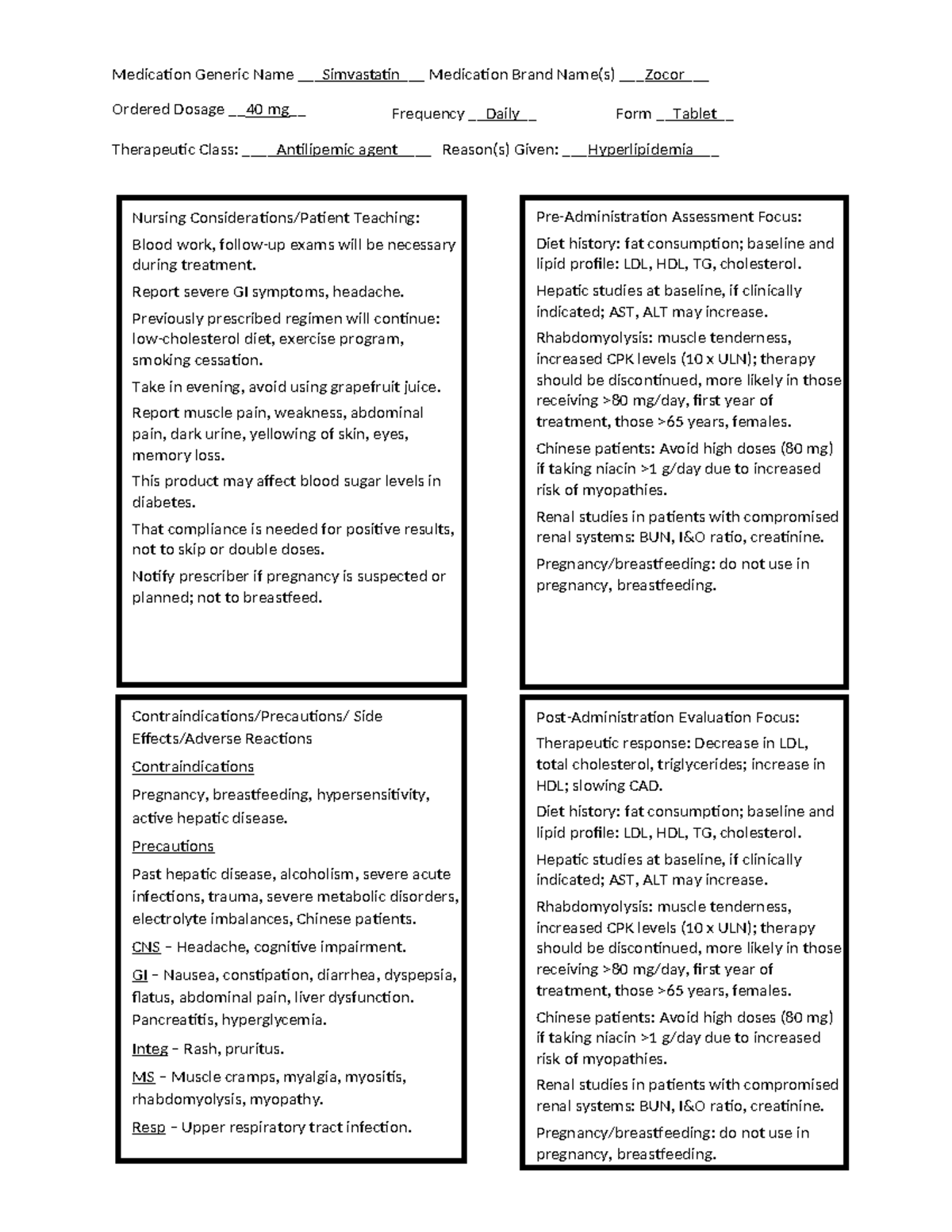 Simvastatin (40 mg) - Drug Card & Nursing Considerations - Studocu