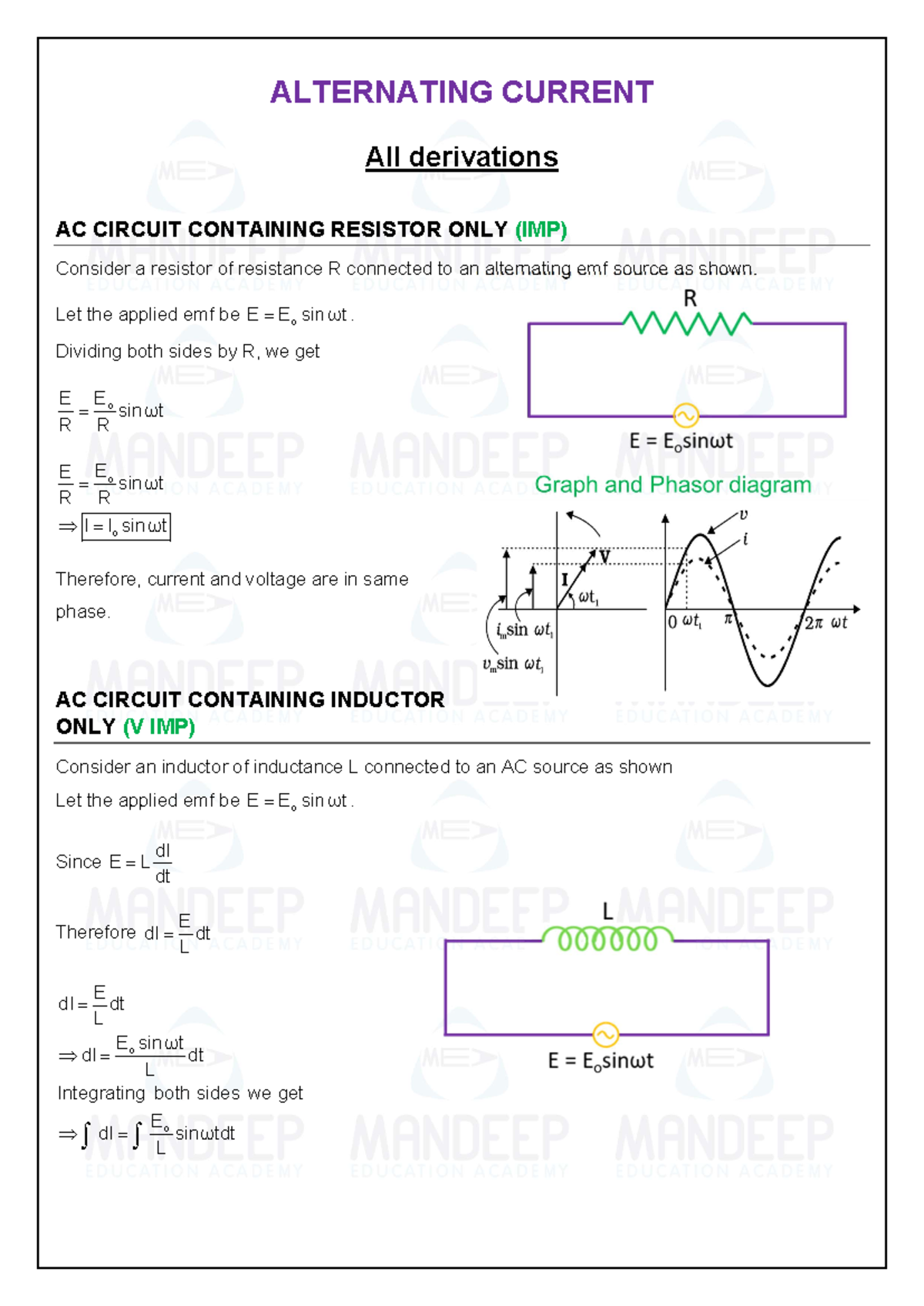 Derivations of Alternating Current in AC Circuits (PHYS 101) - Studocu