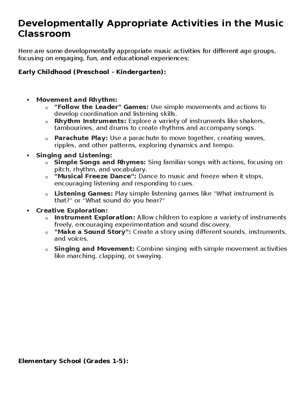 Developmentally Appropriate Music Activities for K-8 Classrooms - Studocu