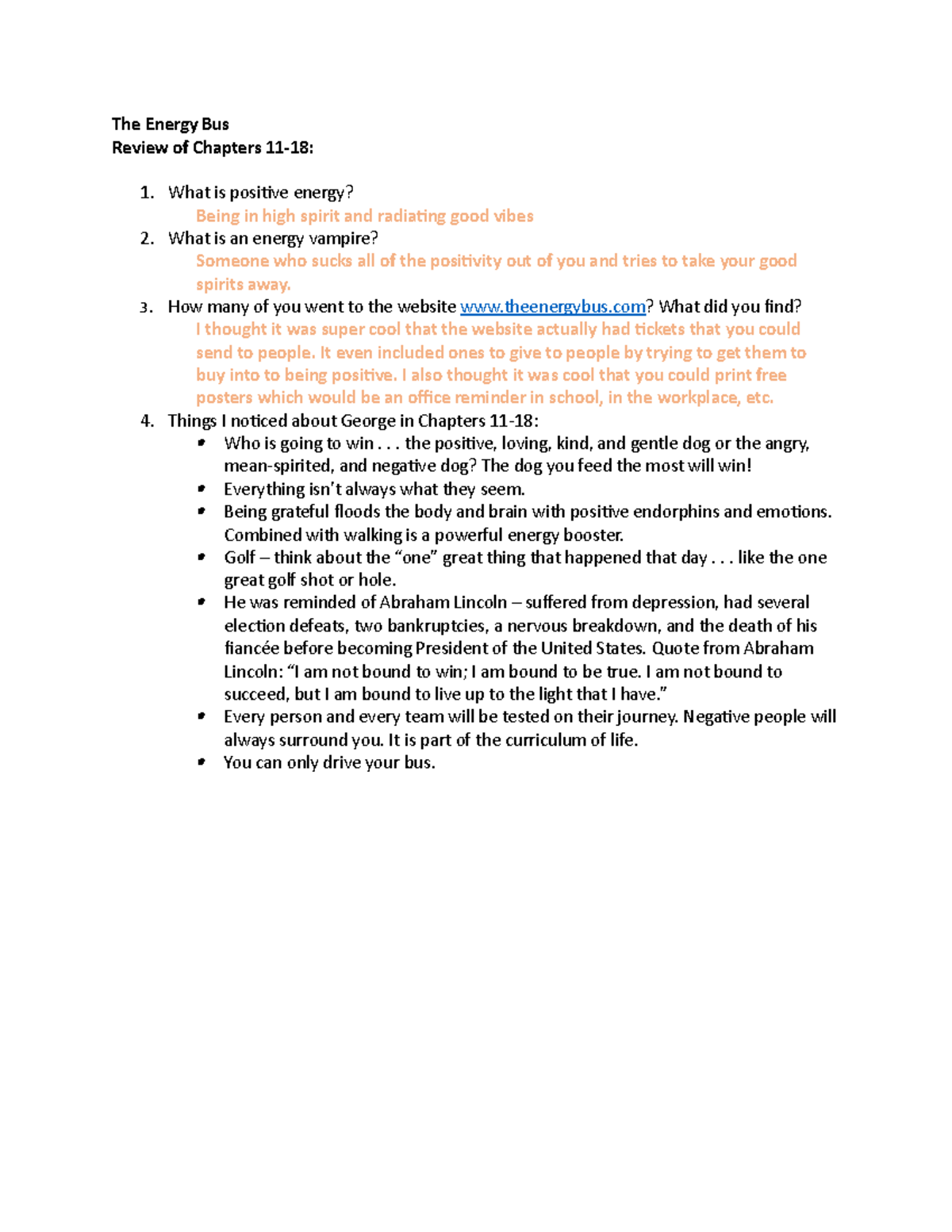 The Energy Bus Discussion: Insights from Chapters 11-18 - Studocu