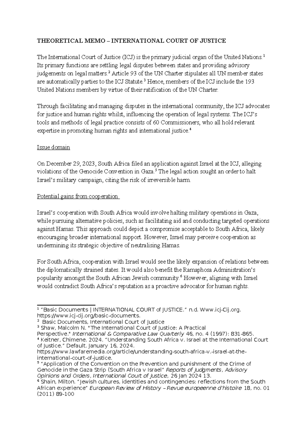 Theoretical Memo: South Africa v. Israel at the ICJ (2133) - Studocu