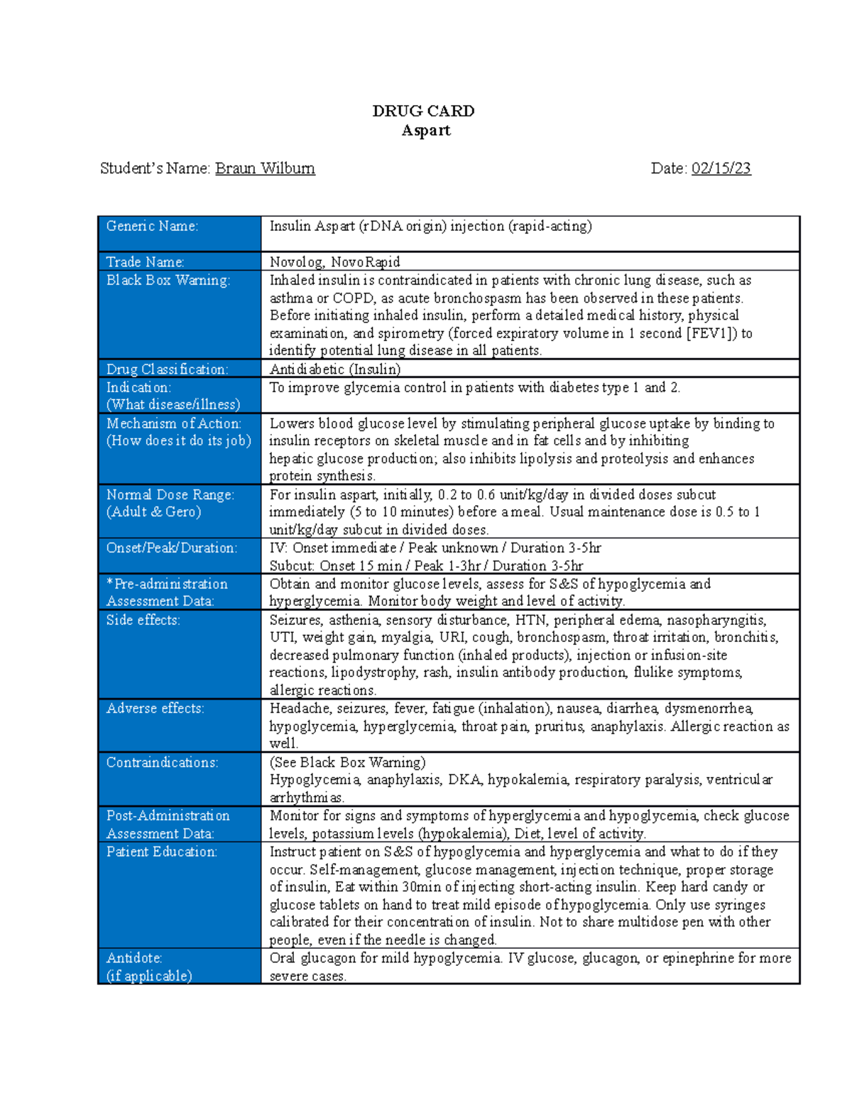 Drug Card for Insulin Aspart (Insulin) - Quick Reference Guide - Studocu