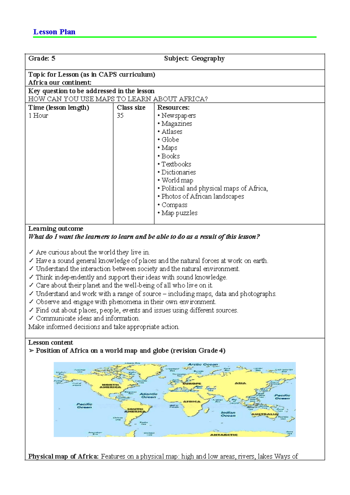 Geography Lesson Plan: Exploring Africa's Maps (Grade 5) - Studocu