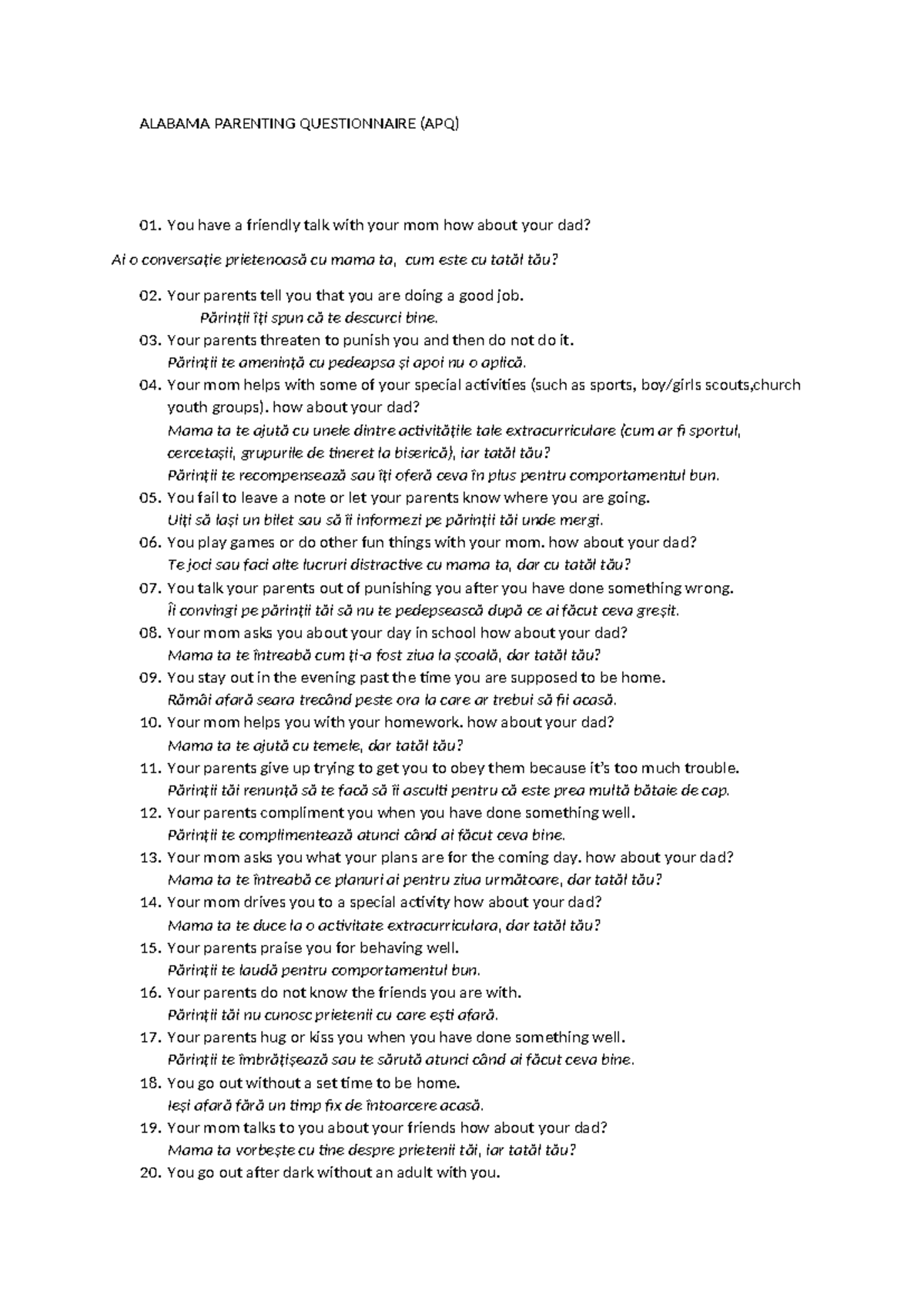 Alabama Parenting Questionnaire (APQ) – A Study Guide for Parents - Studocu