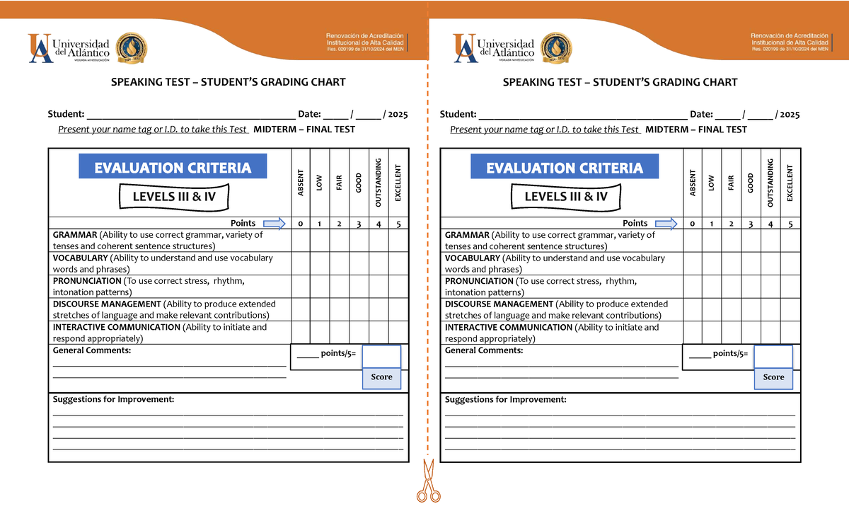 SPEAKING TEST GRADING CHART - MIDTERM - Levels 3 & 4 - Studocu