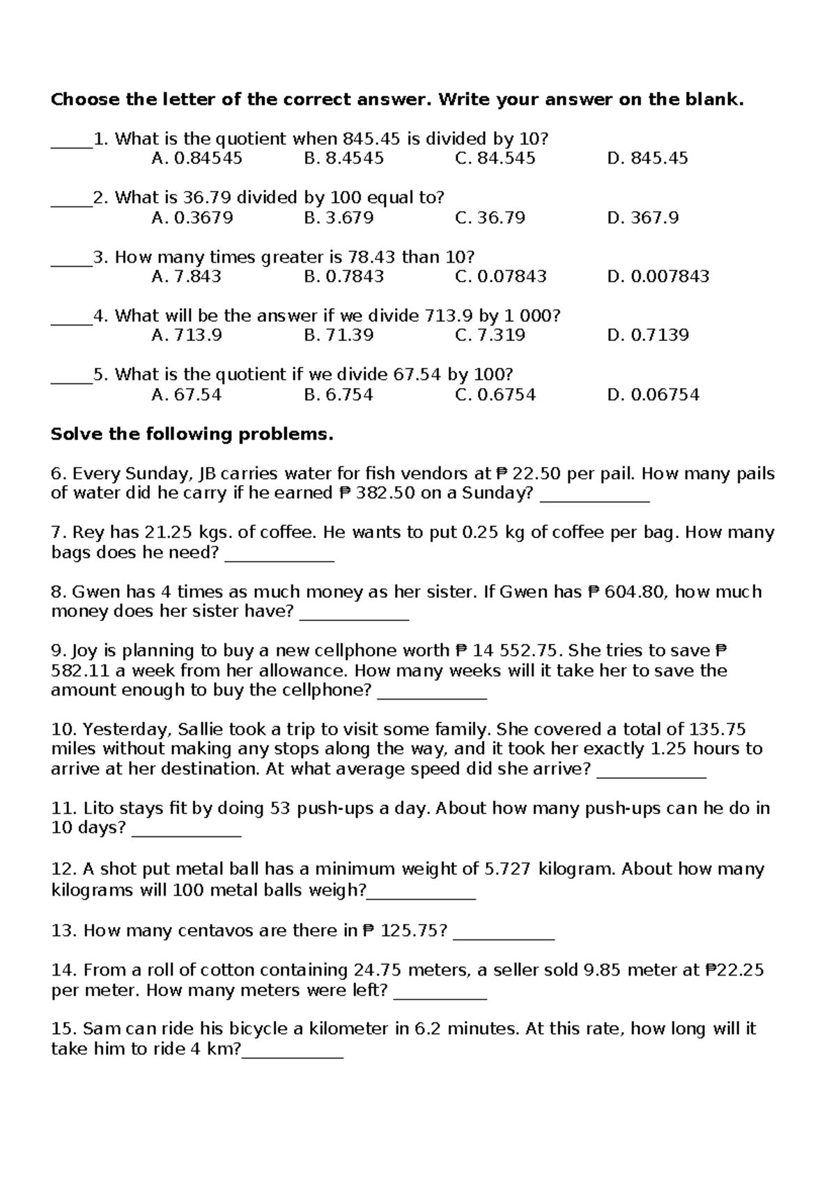 Mathematics 6 Q1 ST4 - test questionnaires for Grade 6 learners used ...